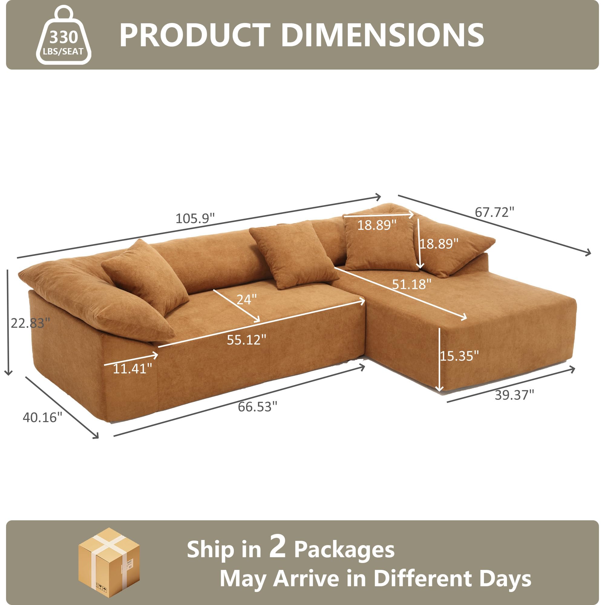 Tmsan Deep Seat L Shaped Sectional Sofa, 105.9" 2 Piece Modular Cloud Couch, Modern Comfy Floor Sofa with Left Chaise & 3 Pillows for Living Room Apartment Office, Terrycloth Fabric (Brown)