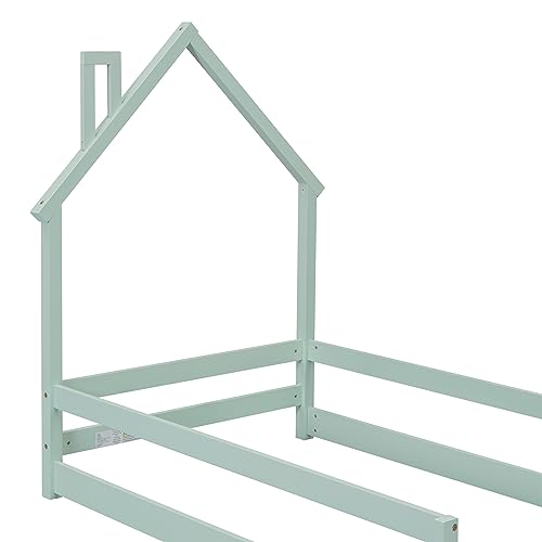 SIYSNKSI Twin Size Platform Bed, Wooden Platform Bed Frame with House-Shaped Headboard, Floor Bed with Fences for Kids Boys Girls Bedroom, Easy Assembly (Light Green + Pine 04)