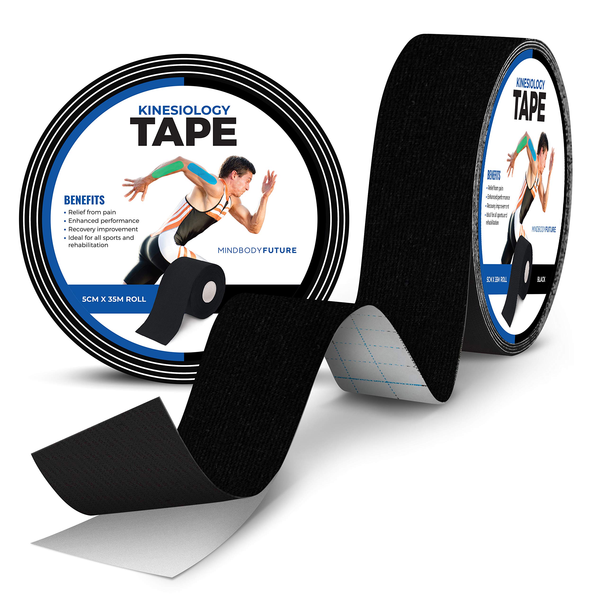 Kinesiology Tape - Black (Bulk Roll) - Premium Grade Uncut 5cm x 35m Roll - Ideal for Athletic Sports Physio Strapping and Muscle Injury & Support - Includes eGuide
