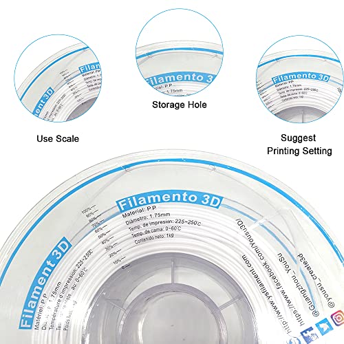 YOUSU Polypropylene PP Filament, 1.75mm 3D Printer Filament for FDM 3D Printers, 1kg (2.2lbs) 5 Pcs Build Sheet Included, Semi-Flexible Ultra Tough Filament, White