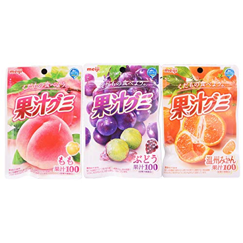 Japanese Gummy Candy Meiji Snacks,Fruit juice 100%,Peache,Grape,Mandarin Oranges,1.79 ounce×3 Packs
