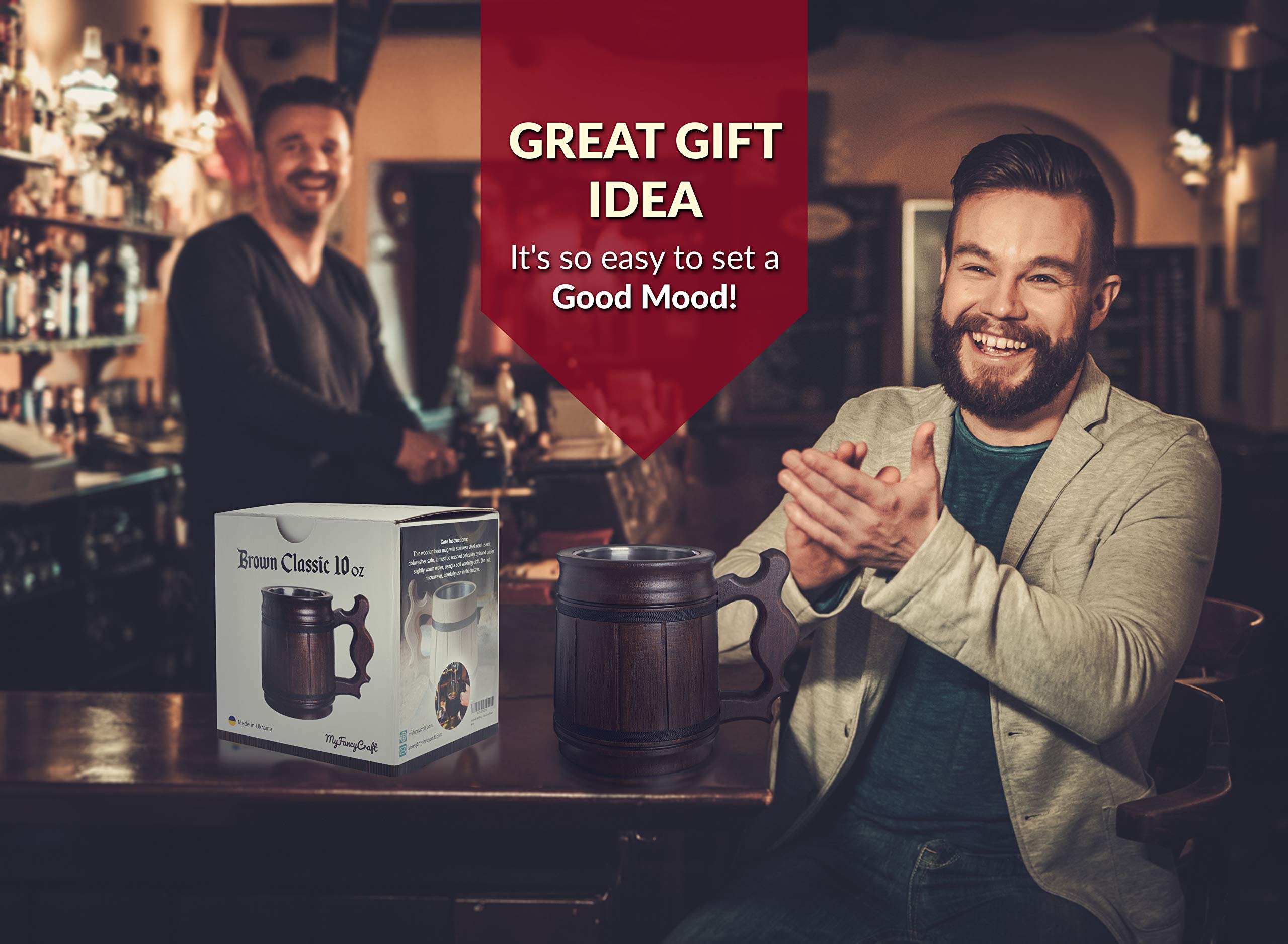 MyFancyCraft Gifts for Men Handmade Beer Mug Oak Wood Stainless Steel Cup Box Natural 0.3L 10oz Classic Brown