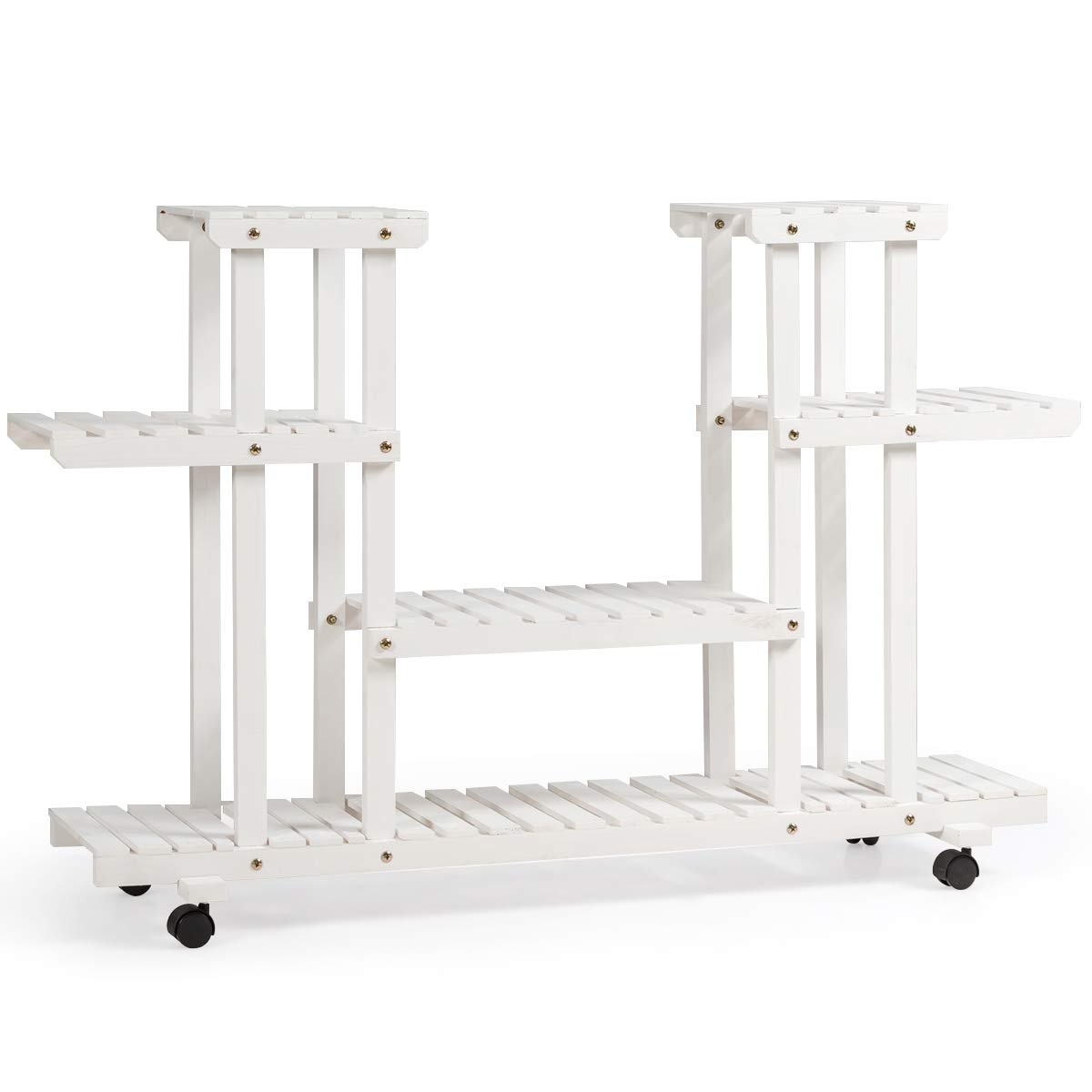 S AFSTAR Wooden Flower Rack with Wheels, 4-Tier Plant Stand, Multifunctional Bonsai Display Shelf for Living Room Balcony Patio Yard (White)