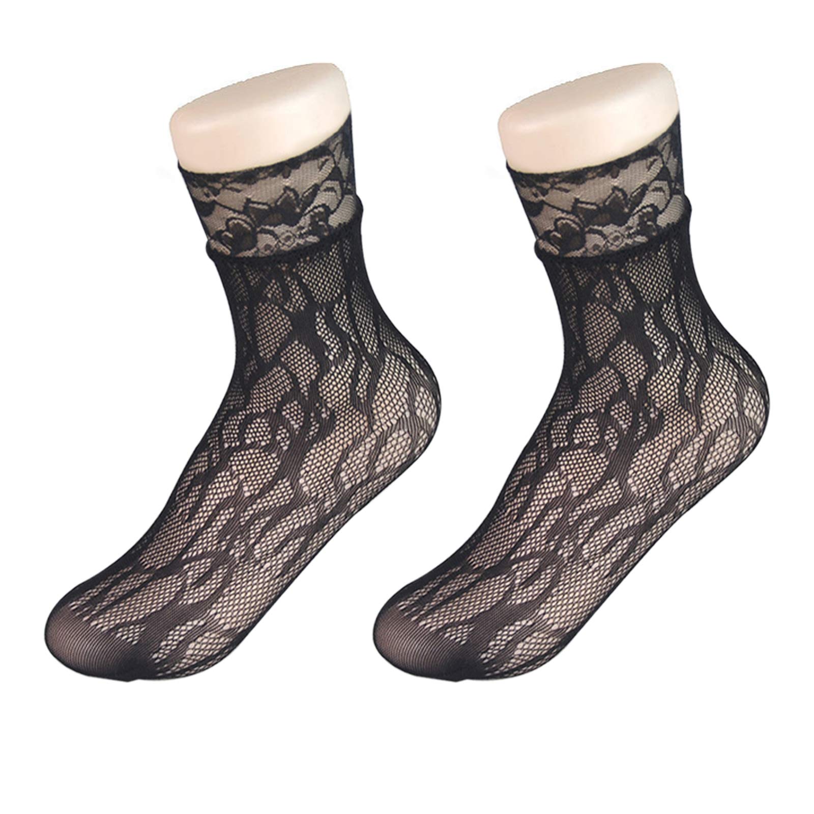 Lamdgbway 6 Pairs Women Lace Ankle Socks Fishnet Short Stockings Black 3