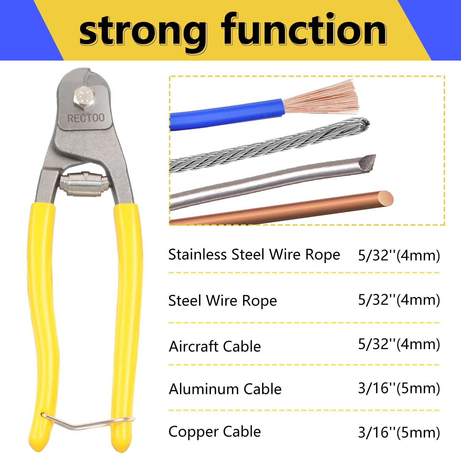 RECTOO Cable Wire Cutters (RT02), Forged from Heavy Duty Stainless Steel metal, 8 Inch small Wire Rope Cutter Tool upto 1/4" for stainless steel wire rope, bike brake cable, railing cable