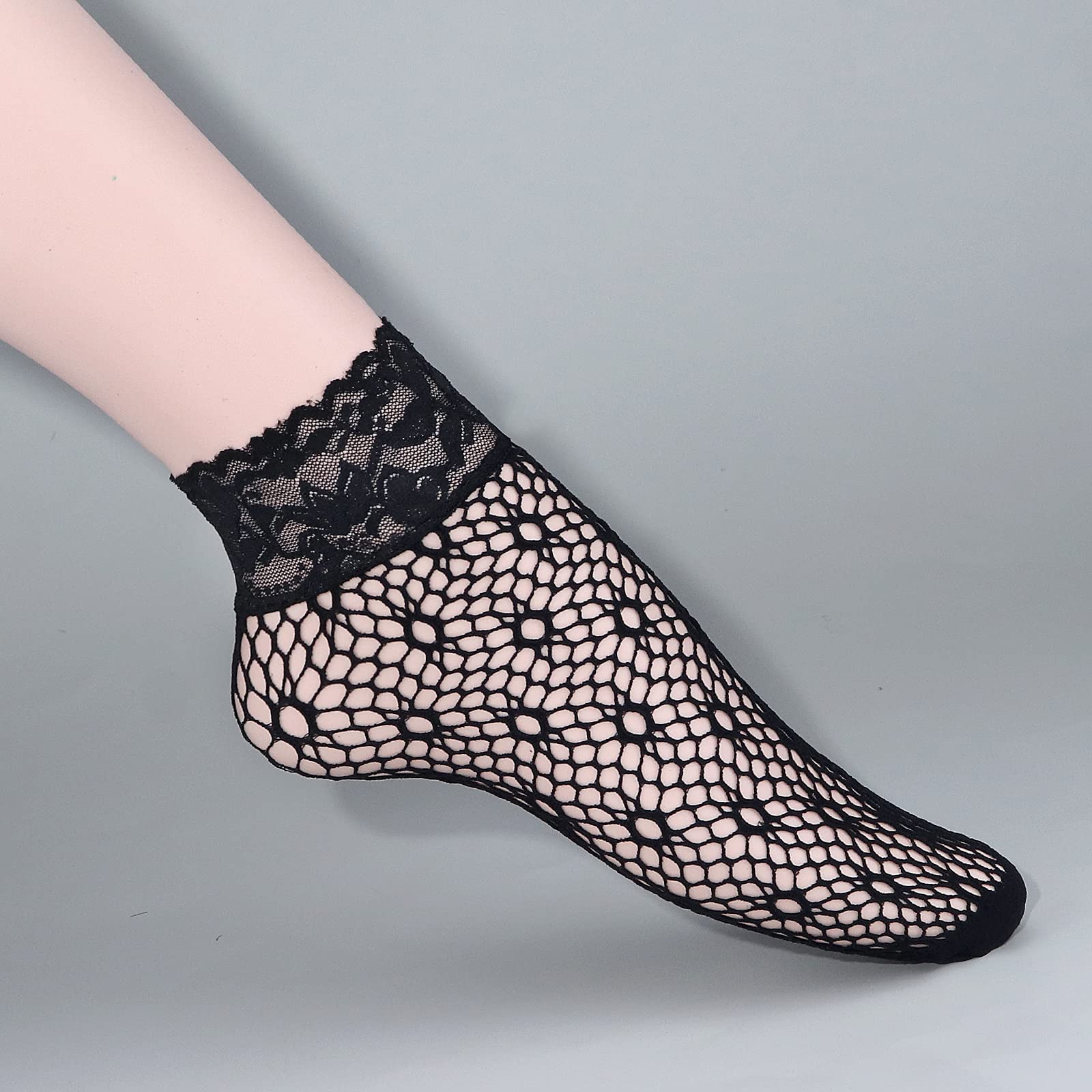 Lamdgbway 6 Pairs Women Lace Ankle Socks Fishnet Short Stockings Black 5