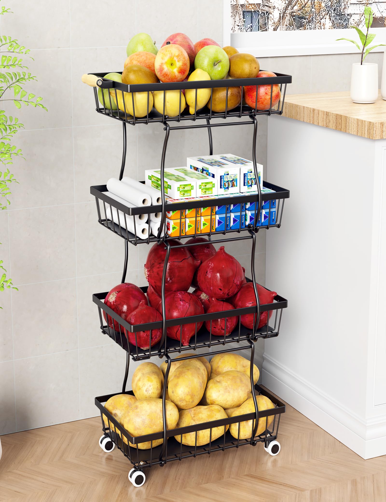 OKZEST Fruit Basket, 4-Tier Small Kitchen Organizer and Storage Cart on Wheels, Rolling Pantry Snack Cart with Handle for Storing Fruit, Potato, Onion, Snacks, Vegetables, Bread, Produce