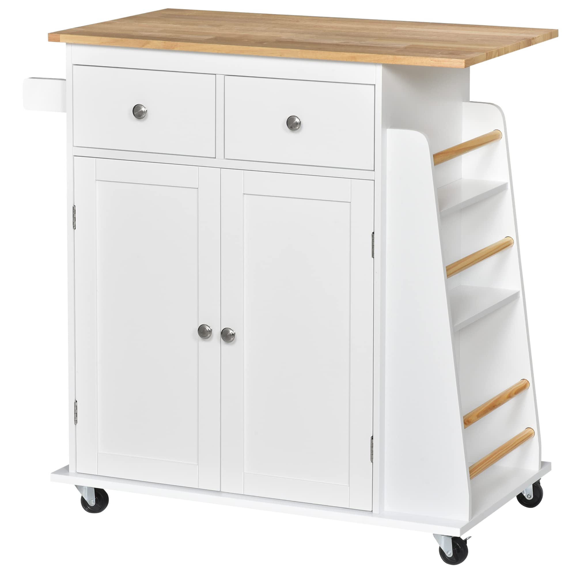 HOMCOM Rolling Kitchen Island Storage Trolley Cart with 3-Tier Spice Rack & Rubber Wood Top for Dining Room