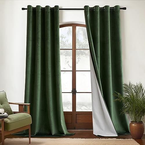 Woaboy 100% Blackout Dark Green Velvet Curtains-2 Panels 84 inch Completely Blackout Window Drapes Thermal Insulate 3 Layer Curtains with Black Liner for Bedroom Nursery Room, Grommet Top (52 * 84")