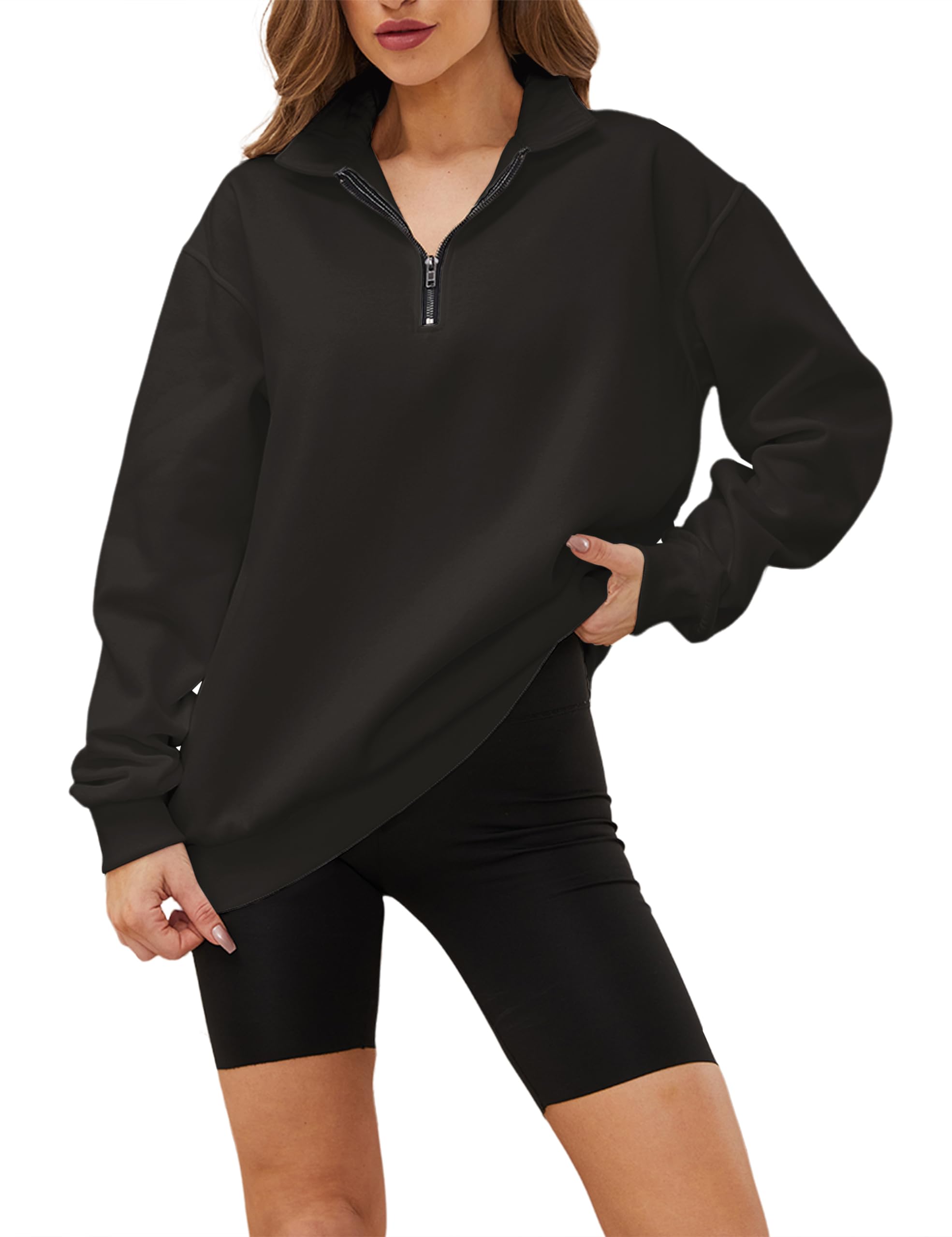 MISSACTIVER Women's Oversized Quarter 1/4 Zip Sweatshirts Lapel Collar Long sleeve Drop Shoulder Solid Pullover Jumper Top Black