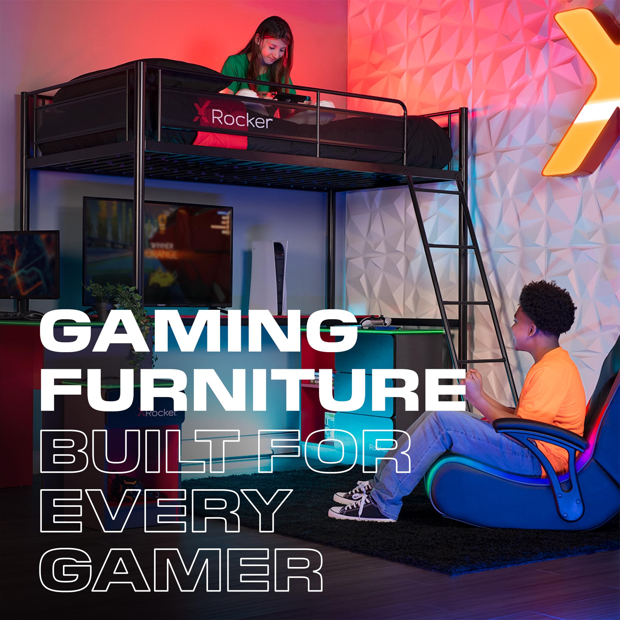 X Rocker Armada Gaming Bunk Bed, Durable Metal Frame, Built-in Gaming Desk, Safe Ladder, Grid Mesh Sides, 7000301, 95.6" x 41.5" x 64.2", Twin Over Twin, Black