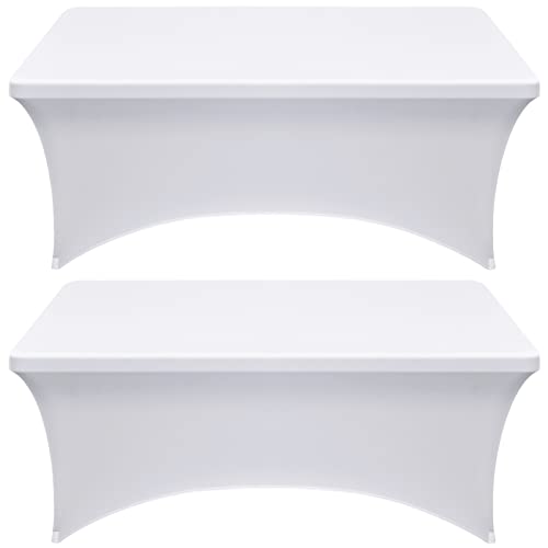 Yastouay 2 Pack 6ft Stretch Table Cloth Spandex Table Cover Tight Fitted for 6ft Rectangular Tables White Washable Tablecloths for Party, Wedding, Banquet, Outdoor (White, 6 Ft)