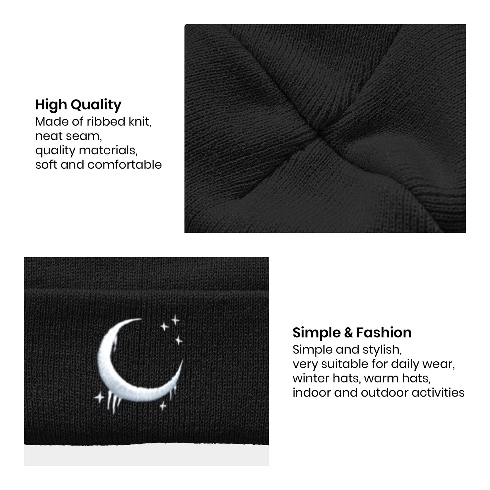 MiAnMiAn Moon Gothic Embroidery Beanie Knit Hats for Men & Women, Moon Beanie Embroidery Winter Hats Skull Cap