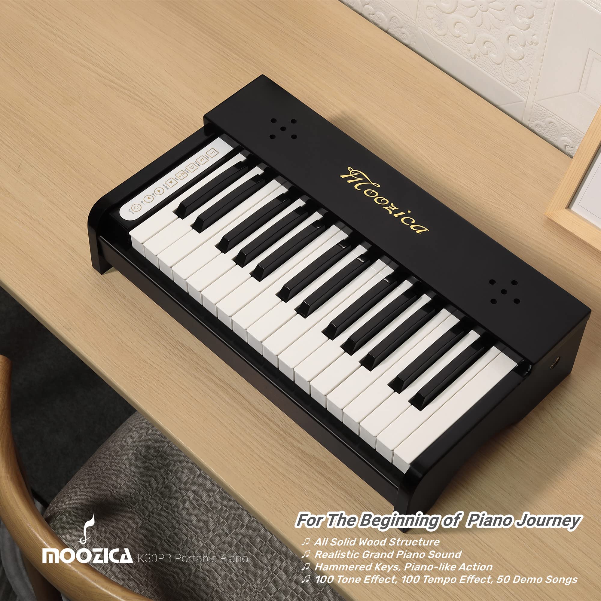 MOOZICA Beginning Piano, Solid Wood Multi-functional Digital Keyboard Piano for Beginner Piano For Kids (30 Keys-Black)