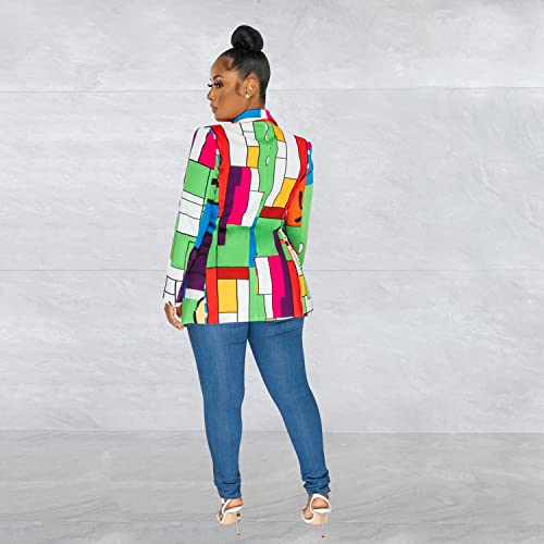 Women's Graphic Print Blazer Button Open Front Long Sleeve Casual Jacket Multicolored X-Large