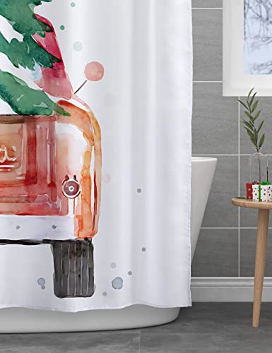 SUMGAR Christmas Shower Curtain for Bathroom Tree Holiday Fabric Cloth Winter Funny Dog Red Truck Shower Curtains Set with Hooks 72 x 72 inch