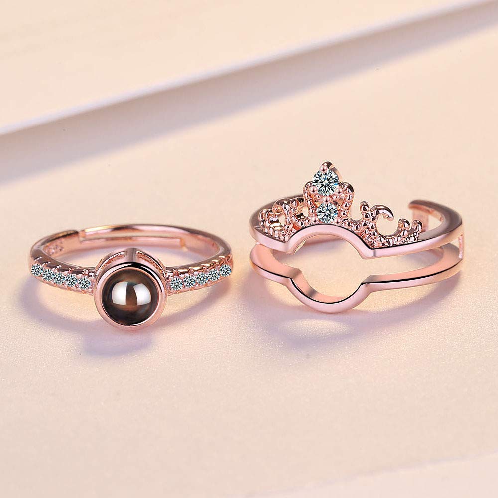 Inf-way I Love You 2-in-1 Open Ring, 100 Languages Projection on Round Onyx Pendant Loving Memory Rings for Christmas Gifts (Crown Gold)