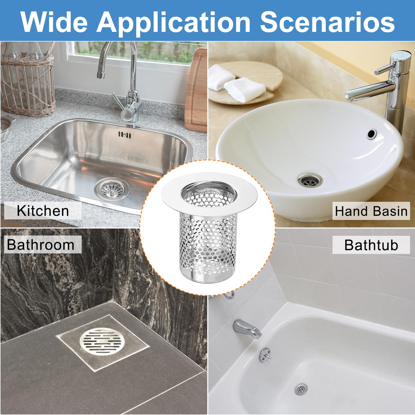 uxcell 2 Pack Shower Drain Strainer, 2" x 2.2" Stainless Steel Floor Drain Strainer Deep Sink Hair Catcher for Kitchen Bathroom Balcony Floor Drain, Fit Hole Size from 1.38" to 2.17"
