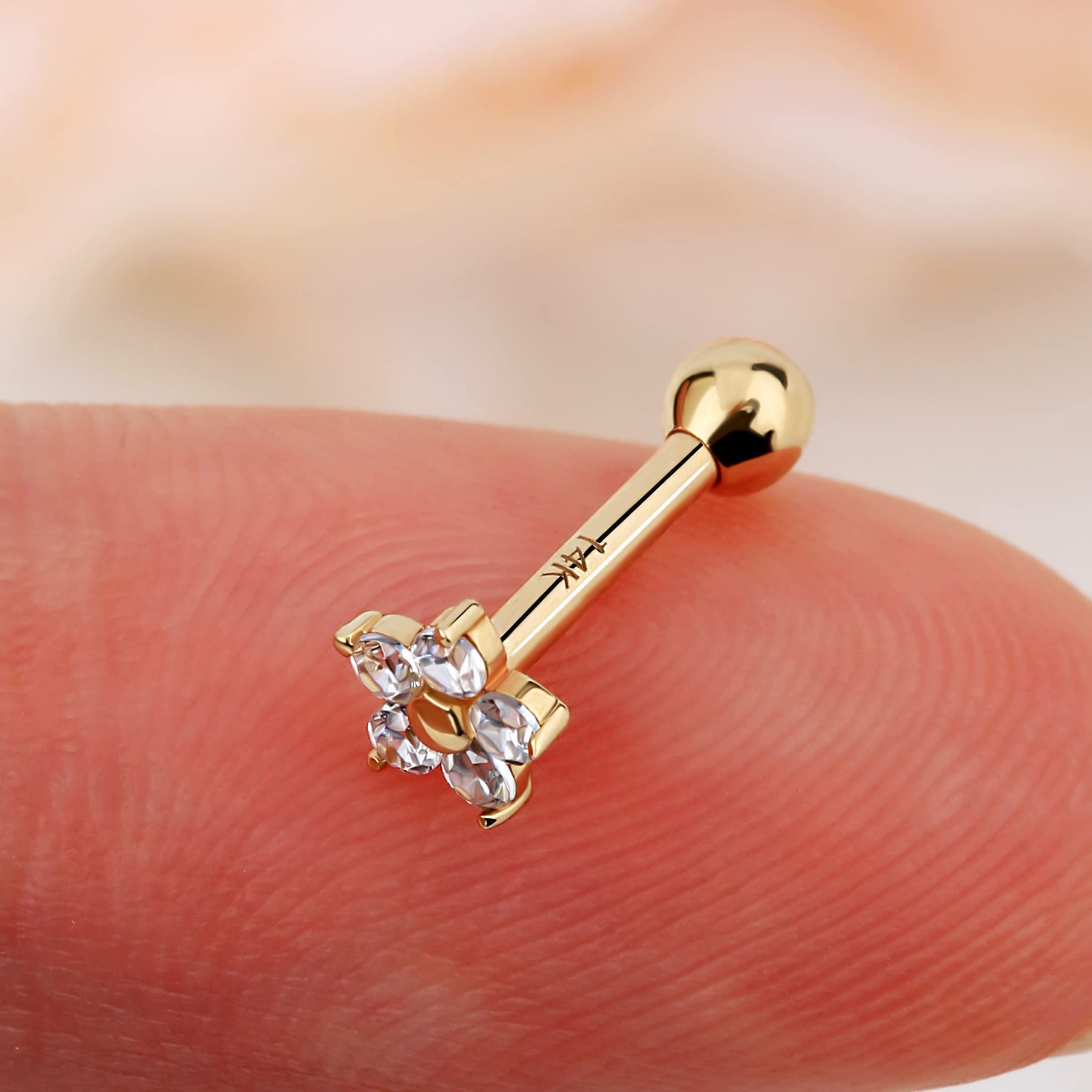 Jewseen 14KT Real Yellow Gold Solitaire Cubic Zirconia Cartilage Earrings 16g Flower Design Helix Stud Rings Solid Gold Tragus Conch Ear Piercing