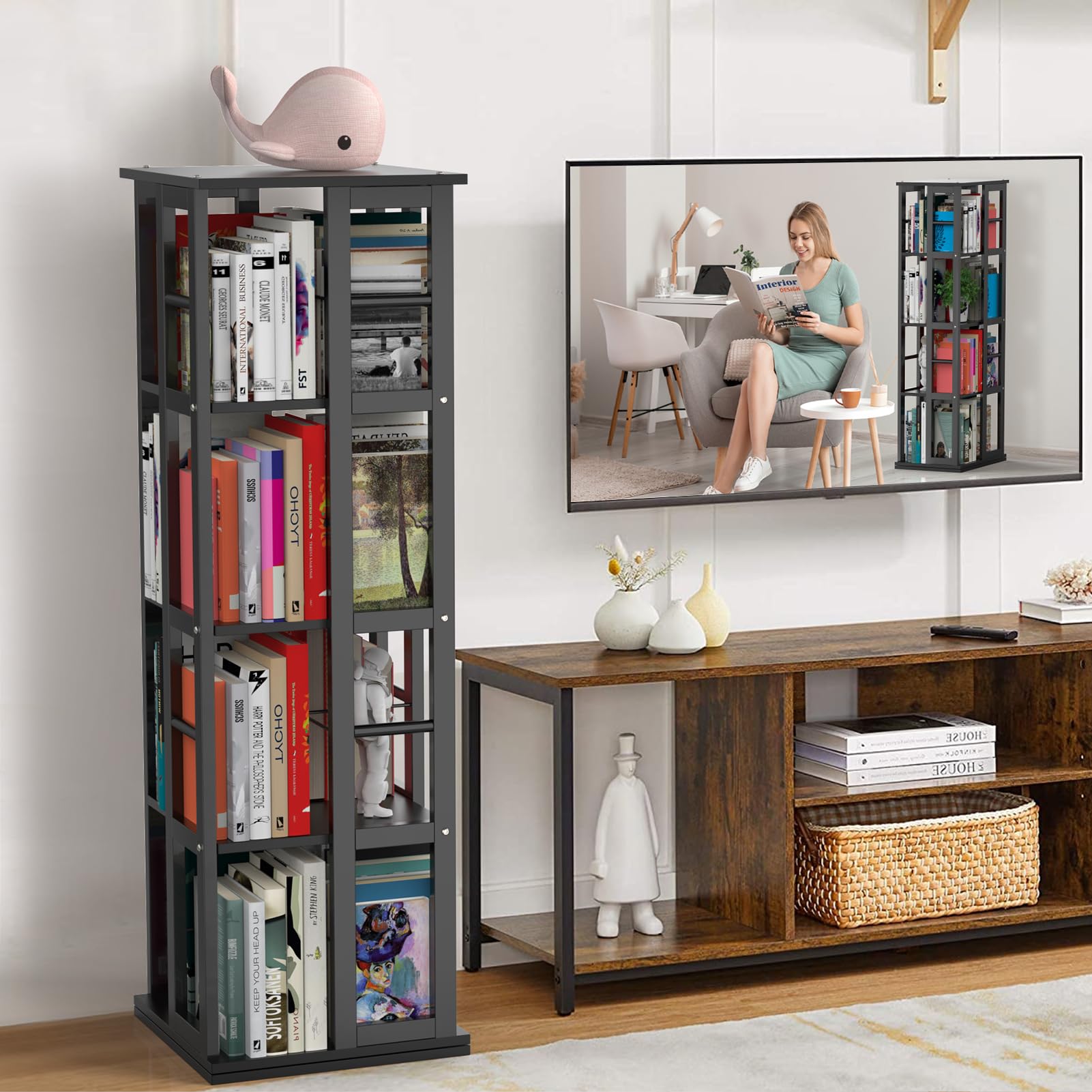 ZORA-KING Rotating Bookshelf, 360 Display Spinning Bookshelf, 4 Tier Floor Standing Bookcase Storage Rack for Kids&Adults, Narrow Shelf Revolving Bookcase for Small Space, Living Room, Study Room