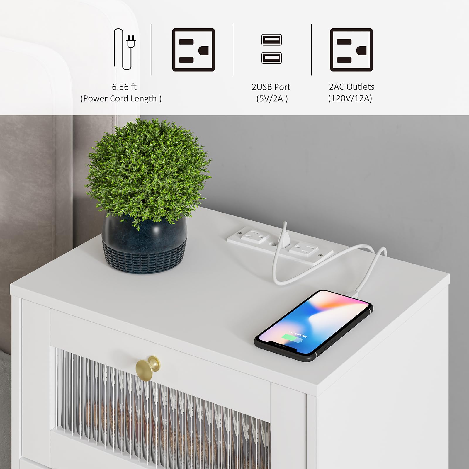 Lomojo Night Stand Set of 2, Nightstand with Charging Station, Mid Century Modern Bedside Table with Glass Decorative Drawer,2 Tiers End Table Side Table with Solid Wood Feet White (Modern, 2)
