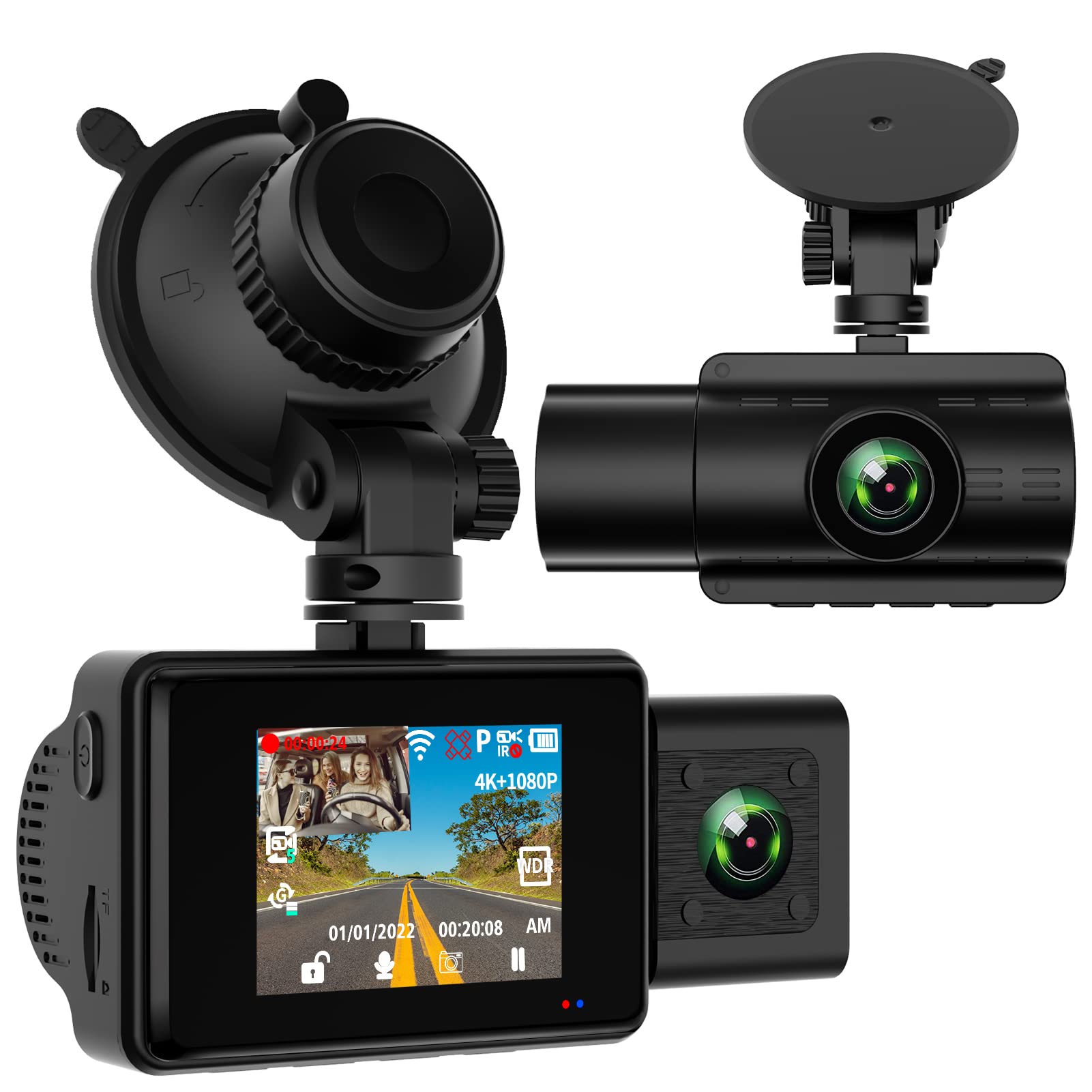 Moplasz 4K Dash cam, WiFi Dual Dash Cam Front and Inside with GPS, App, Night Vision, Loop Recording, G-Sensor, 24/7 Parking Monitor, Support 256GB Max (Black)