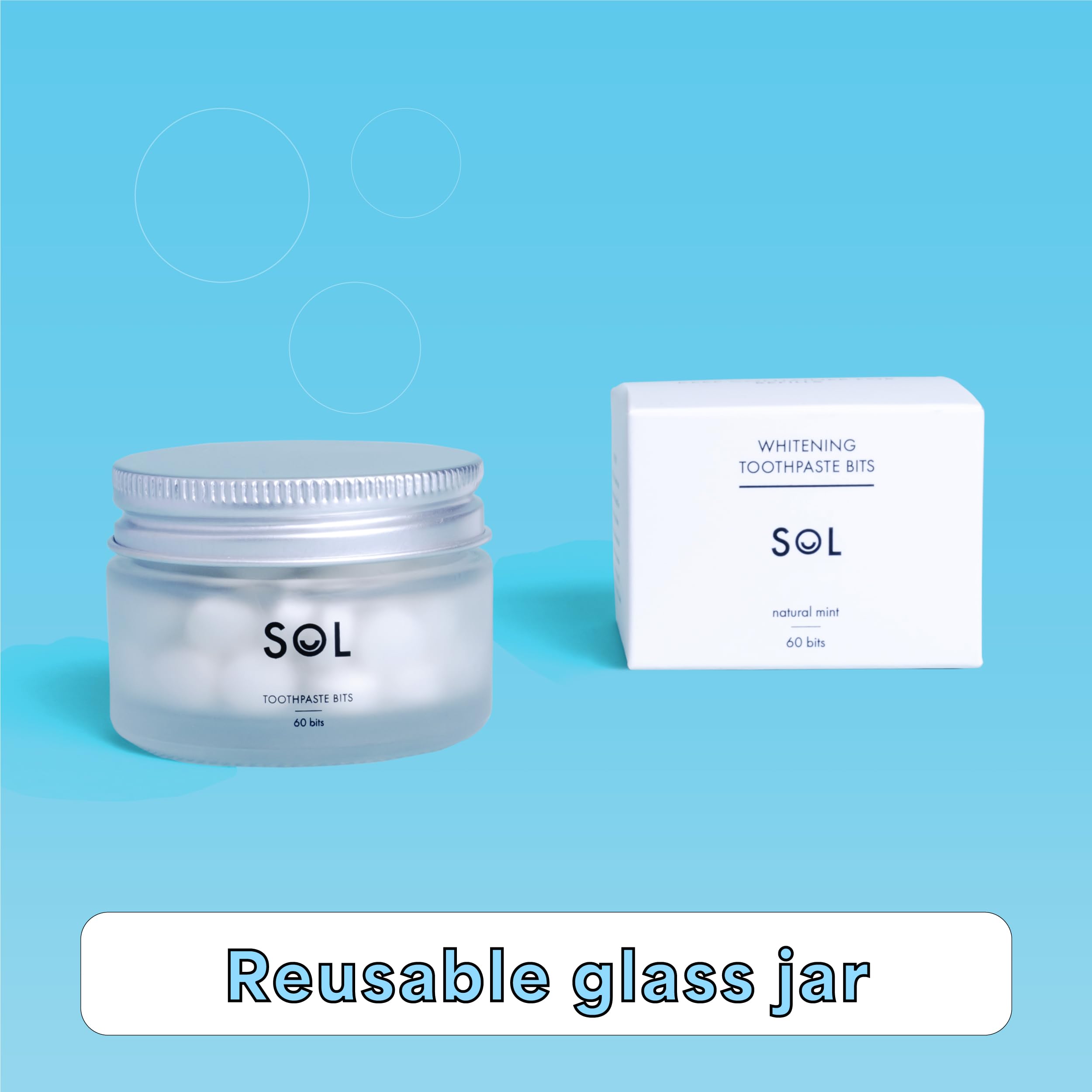 Sol Teeth Whitening Eco Friendly Toothpaste Tablets, Zero Waste Toothpaste Bits, Travel Friendly Reusable Glass Jar, Plastic Free, Vegan, Fluoride Free, Clean Fresh Breath, Mint Flavor Tabs, 60 Tablet