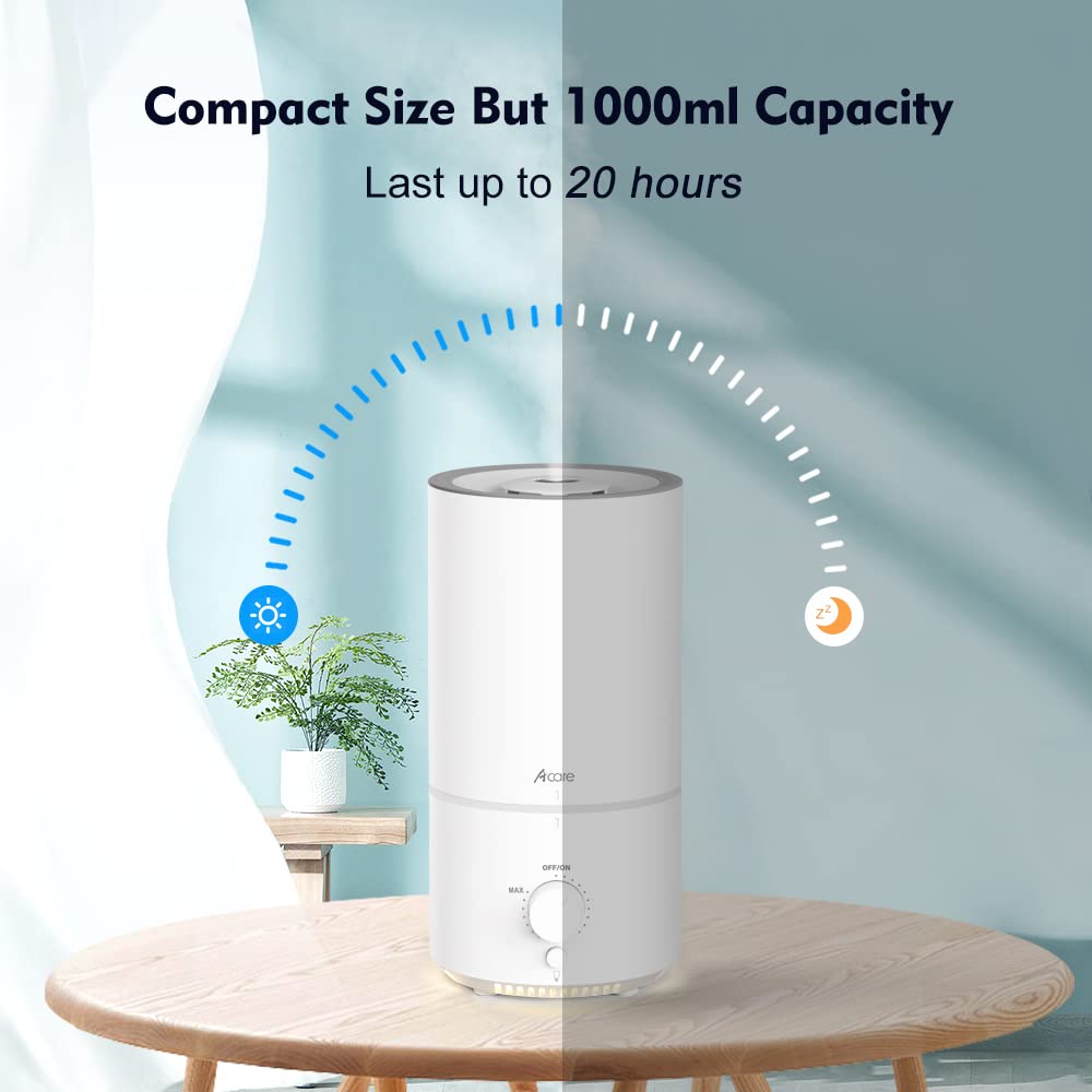 Home Humidifier 1L for Bedroom, 1000ml Essential Oil Diffuser, Top Fill Design Cool Mist Humidifier for Small Room, Living Room, Quiet for Baby Room, Knob