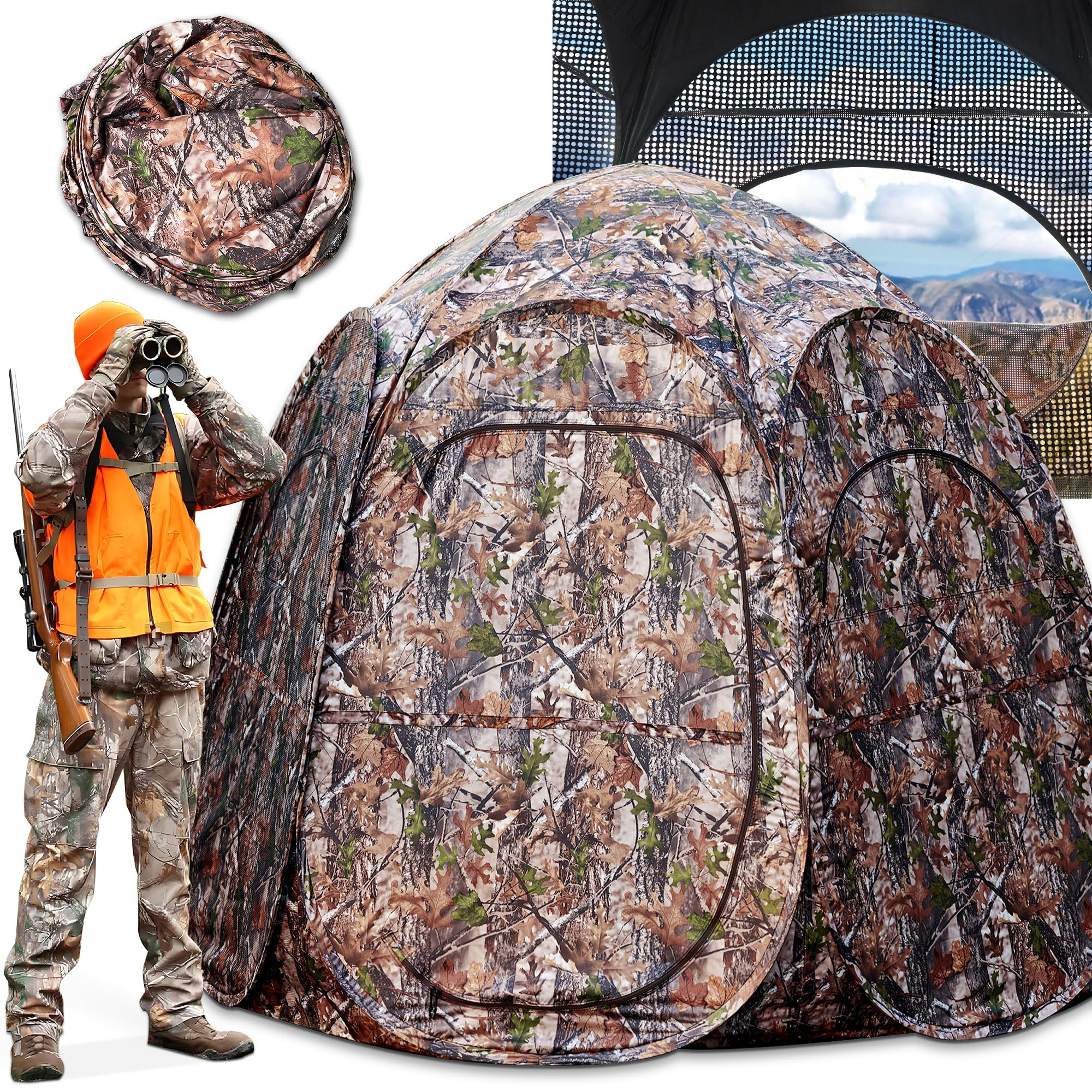 Hunting Blind See Through Ground Portable with Carrying Bag,Huge Interior 4-Person 150D Polyester Durable Hunting Tent for Deer & Turkey Hunting 84"x74"x78"H (Camouflage)