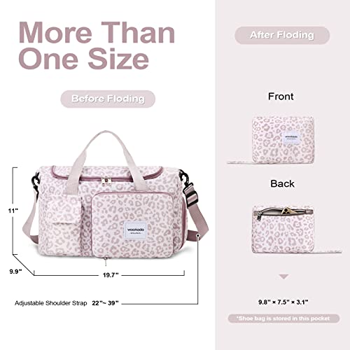 WOOMADA Foldable Travel Duffel Bag with Shoes Compartment, Overnight Bag with Wet Pocket & Trolley Sleeve, Gym Bags for Women Waterproof & Tear Resistant(brown leopard)