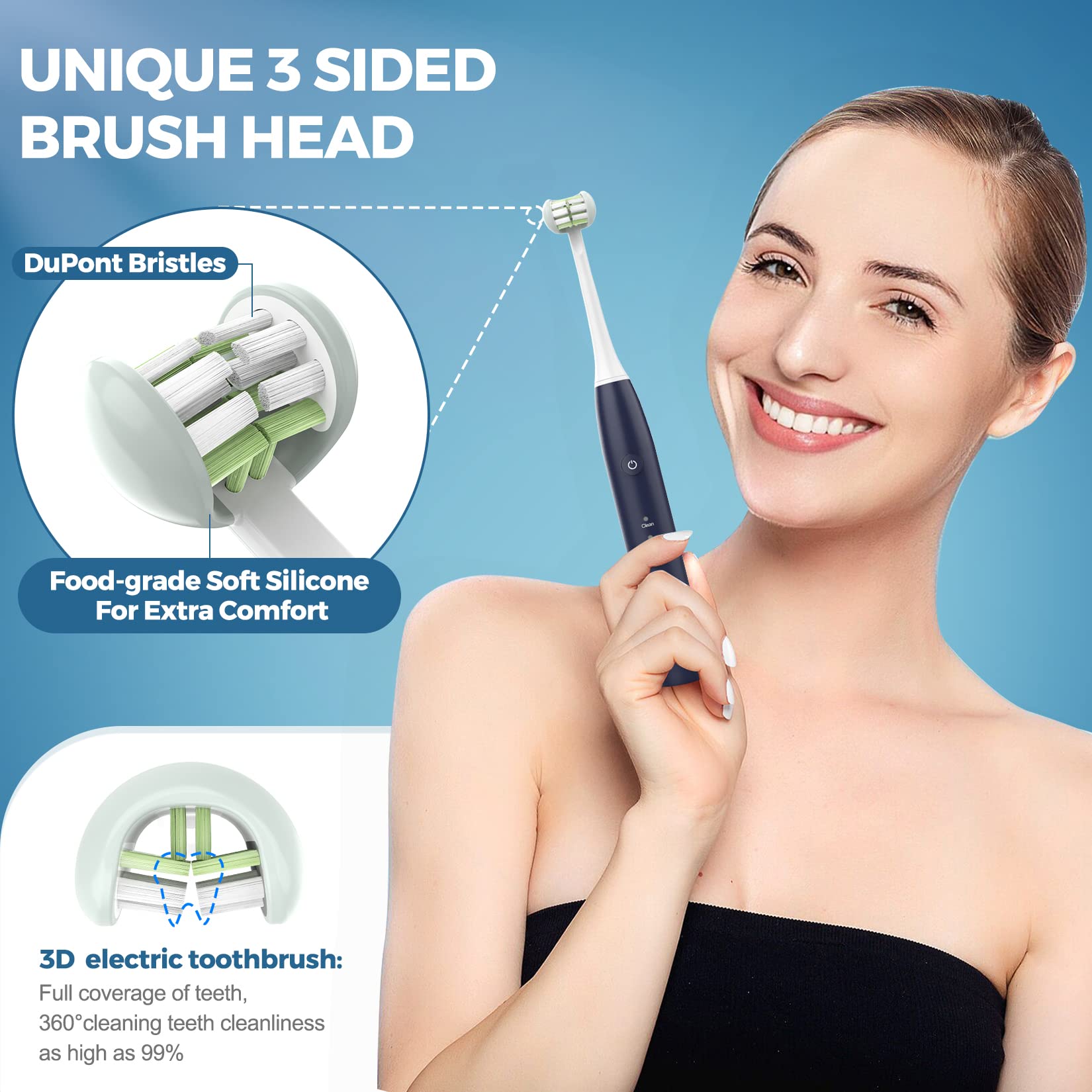 RAZOKO Sonic Electric Toothbrush for Adults 3 Sided Toothbrush with 4pcs Brush Heads Replacement,360° Cleaning,5 Modes,Timer Blue