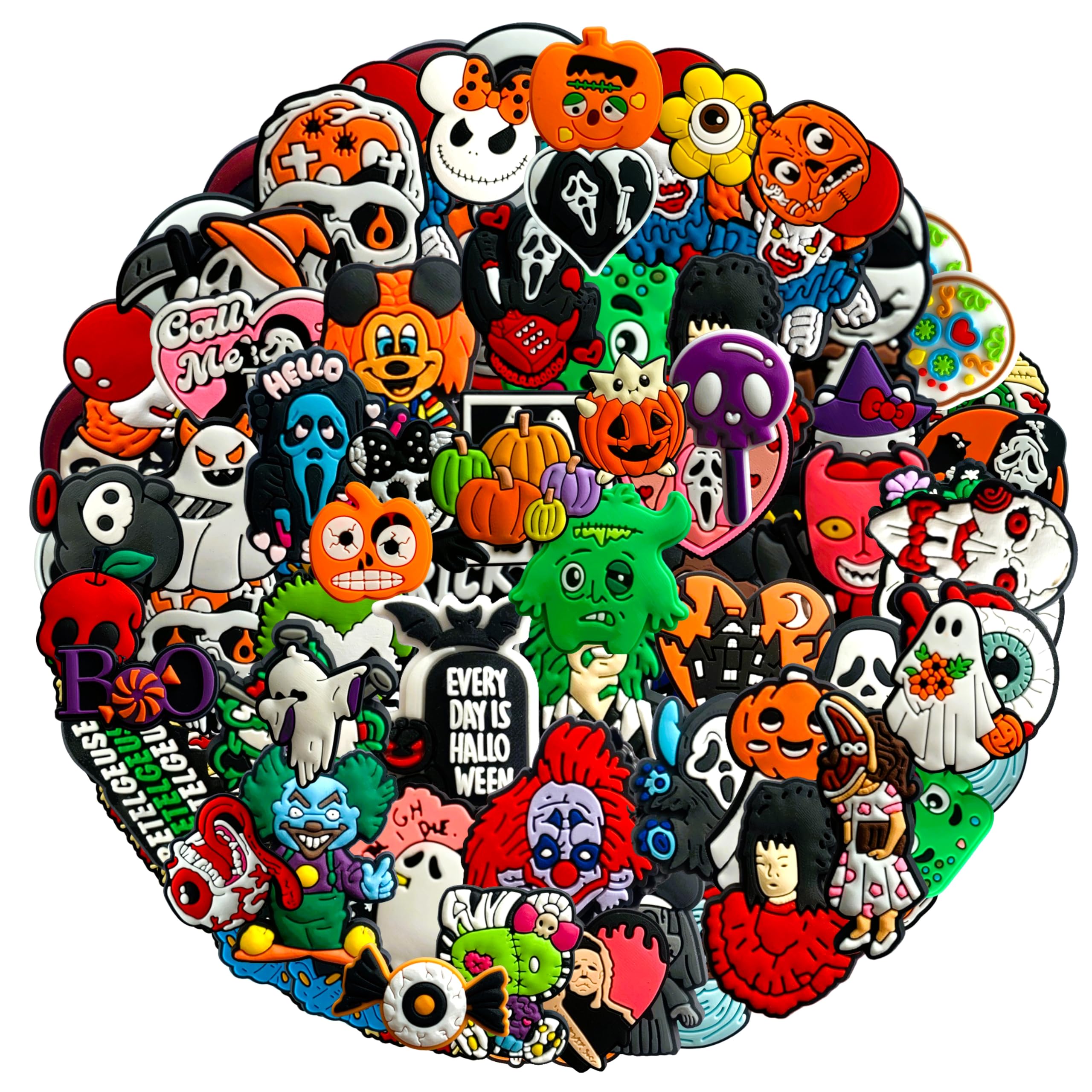 Jibicharrm 50 100 Pcs Random Halloween Shoe Decoration Charms Horror Spooky PVC Charms for Kids' Shoes, Boys, Girls, Nightmare Before Christmas Themed (100)