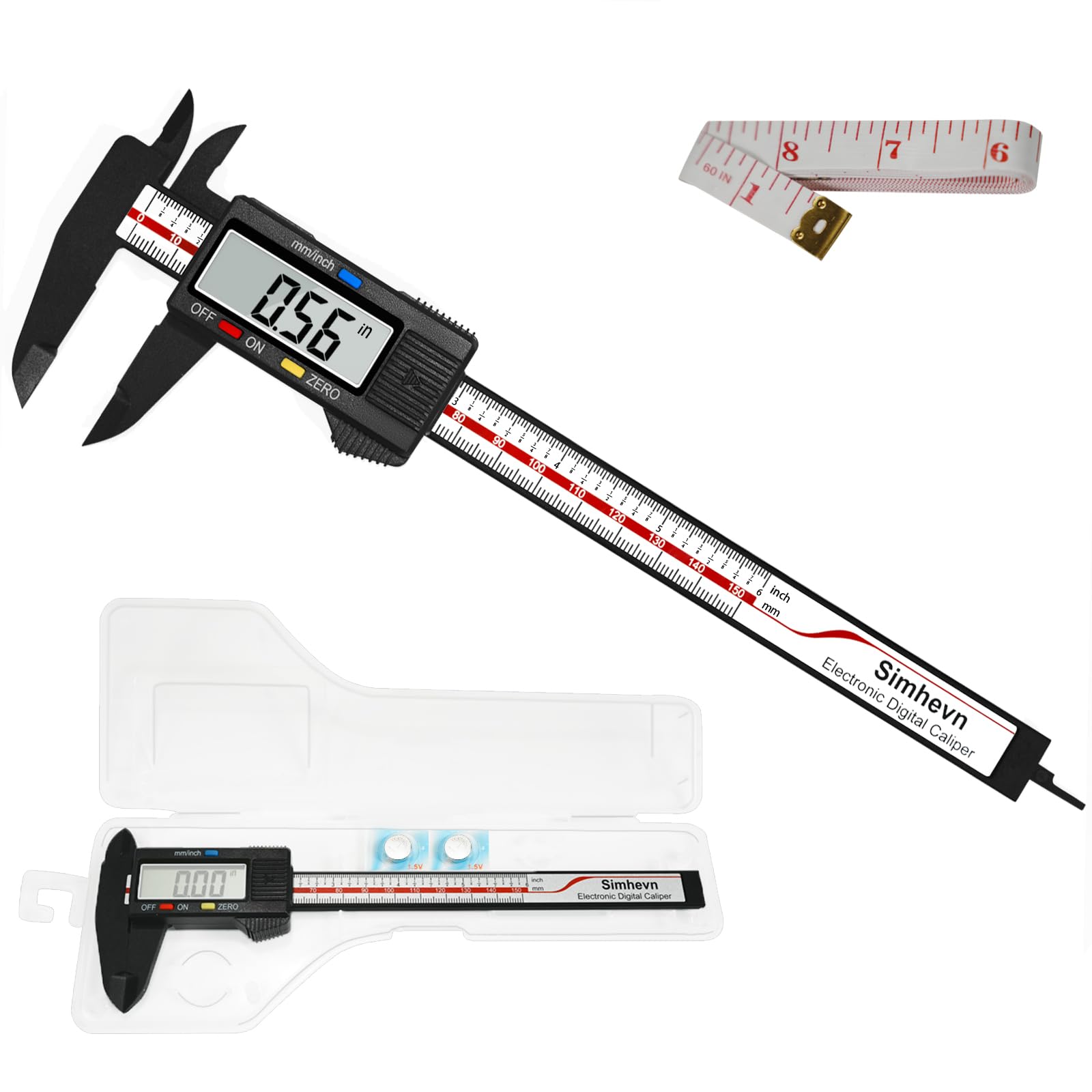 Simhevn electronic digital calipers, inch and millimeter conversion,LCD screen displays 0-6"caliper measuring tool, automatic shutdown, suitable for DIY/jewelry measurement (6''Black Stainless steel)