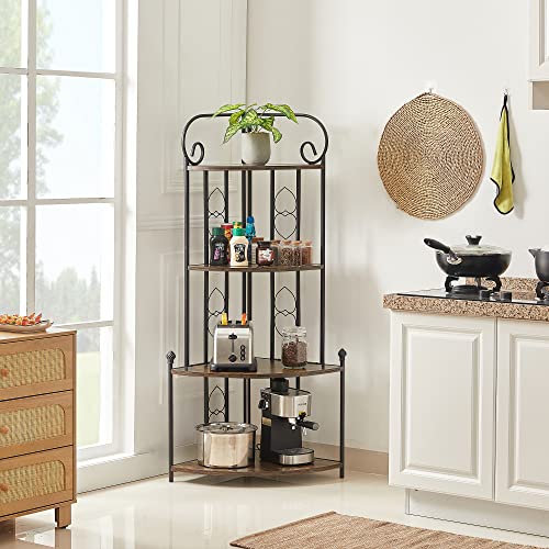 VECELO 4-Tier Ladder Corner Shelf with Metal Frame, Multipurpose Bookshelf Bookcase, Plant Stand & Storage Display Shelves for Living Room, Bedroom, Office, Rustic Brown