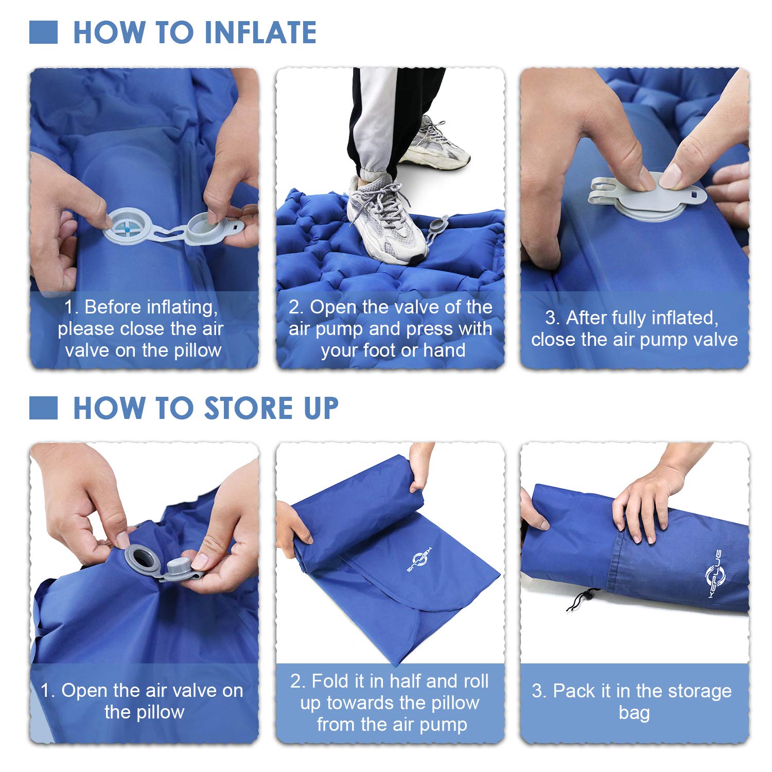 KEPLUG Inflatable Sleeping Pad for Camping, Ultralight Waterproof Sleeping Mat w/Pillow, Foot Pump Quick Inflation & Deflation, Thick Air Mattress for Backpacking Hiking Tent Travel - Blue
