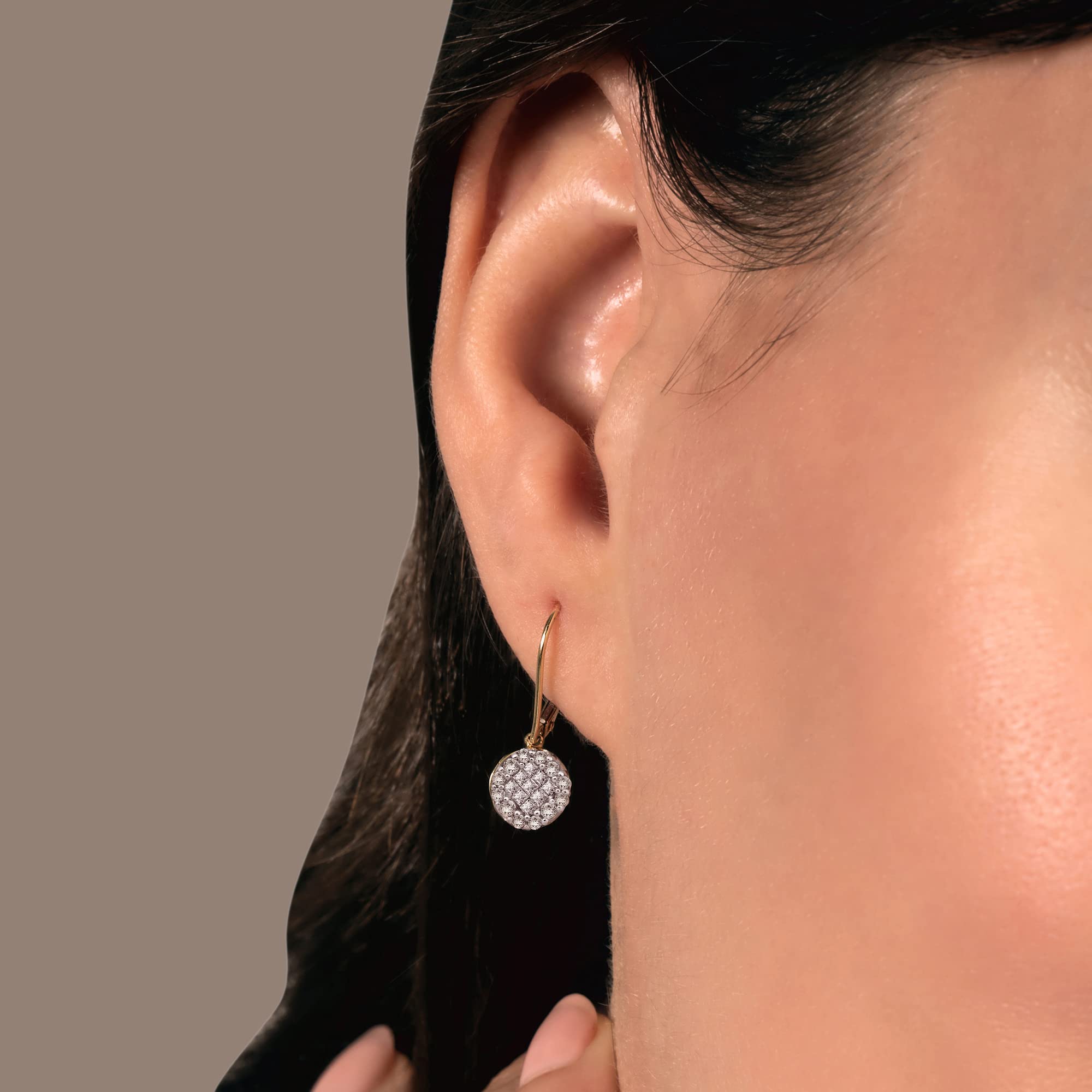 Jewelili 10K Yellow Gold 1/2 Cttw Natural White Princess and Round Diamonds Dangle Earrings