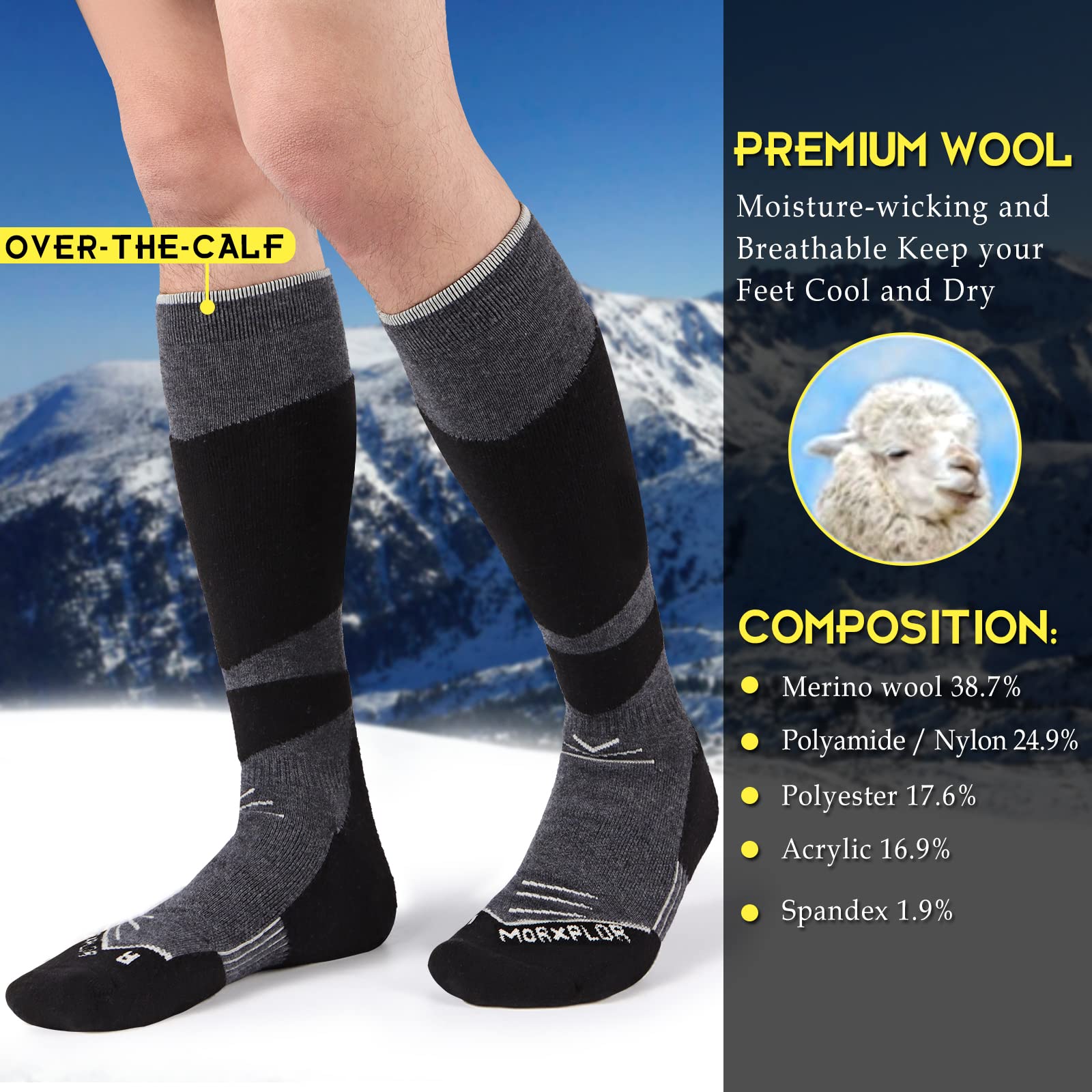 MORXPLOR Merino Wool Ski Socks 2 Pairs Pack for Men&Women,Skiing and Snowboarding Knee High Warm Socks for Cold Weather