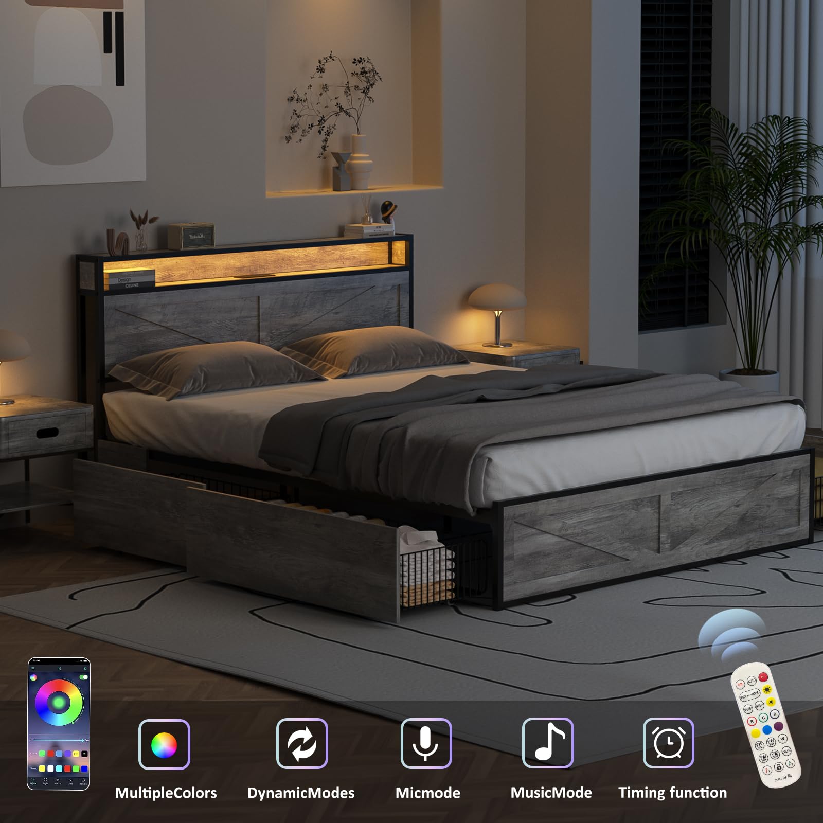 Halitaa LED Queen Size Bed Frame with Charging Station & 4 Drawers, Platform Metal Bed Frame with Headboard USB Ports Outlets, Farmhouse Bed Frame with LED Lights, Noise Free, Wash Grey (Queen)