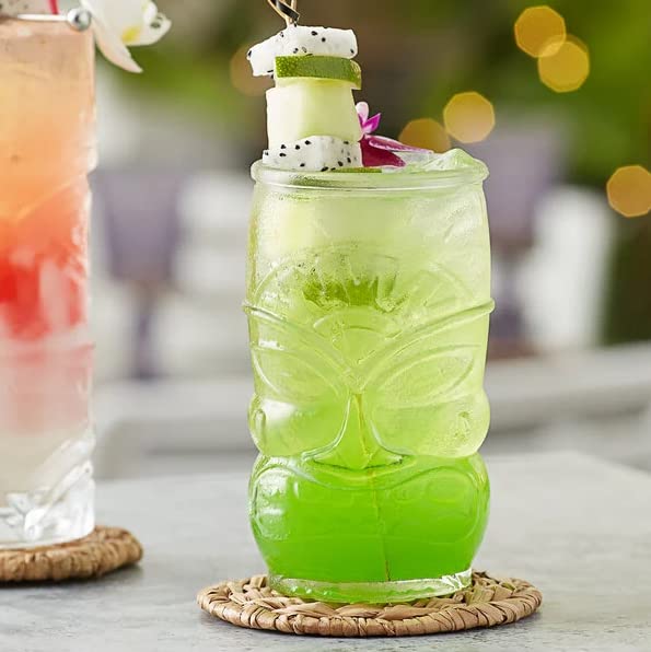 Pack of 4 Tiki Glasses 13 oz. with 1 oz. & 2 oz. Stainless Steel Japanese Jigger for Bartending - Unique Glasses for Cocktail, Juice, Lemonade, Water (Set of 4 Glassware + 1 Japanese Jigger)