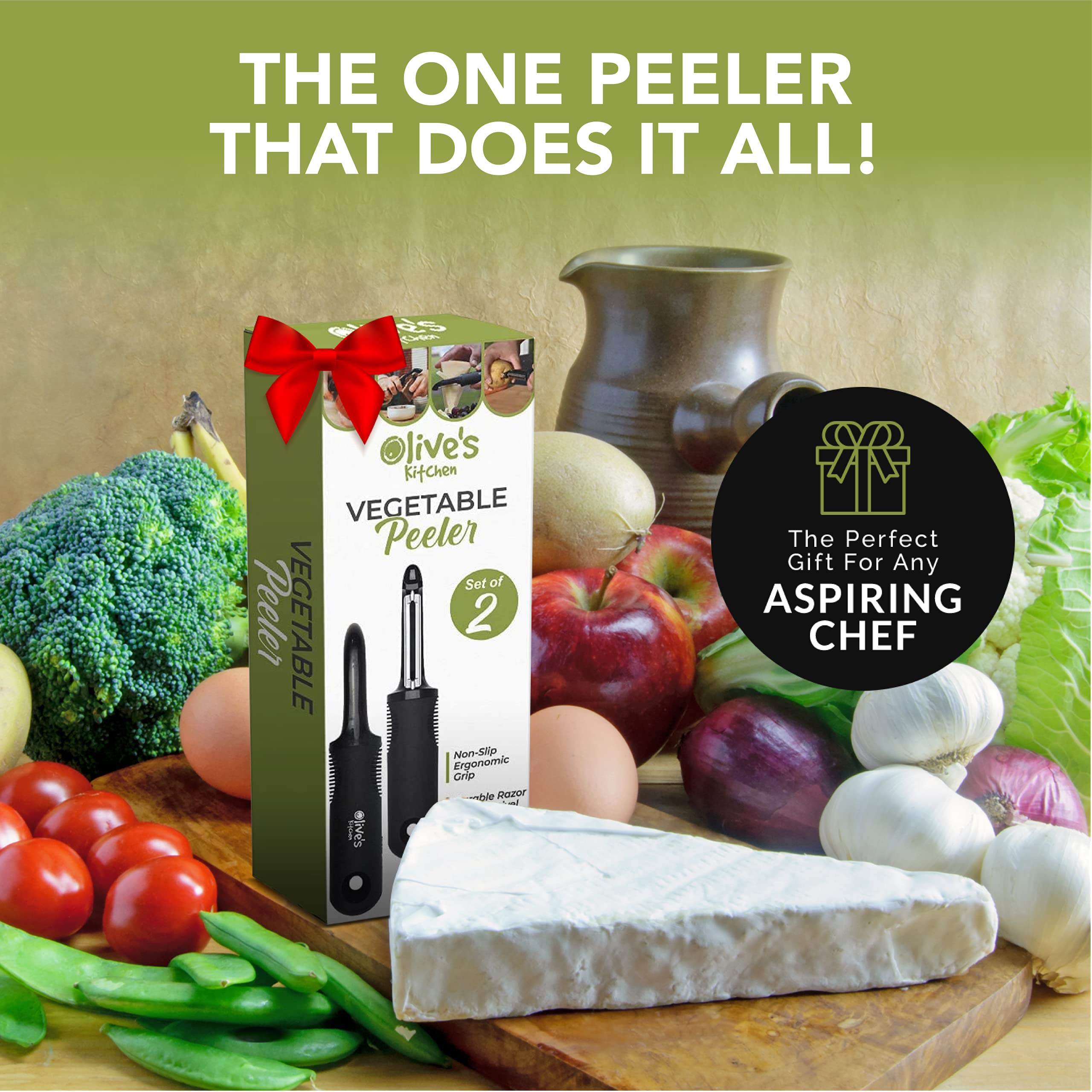 Olive's Kitchen Vegetable Peeler Set β Ergonomic Grip Peelers for Kitchen w/Razor-Sharp Swivel Blades - Stainless Steel Fruit Peeler for Potato, Apple, Carrot, Cucumber - Veggie Peeler (2 Pack)