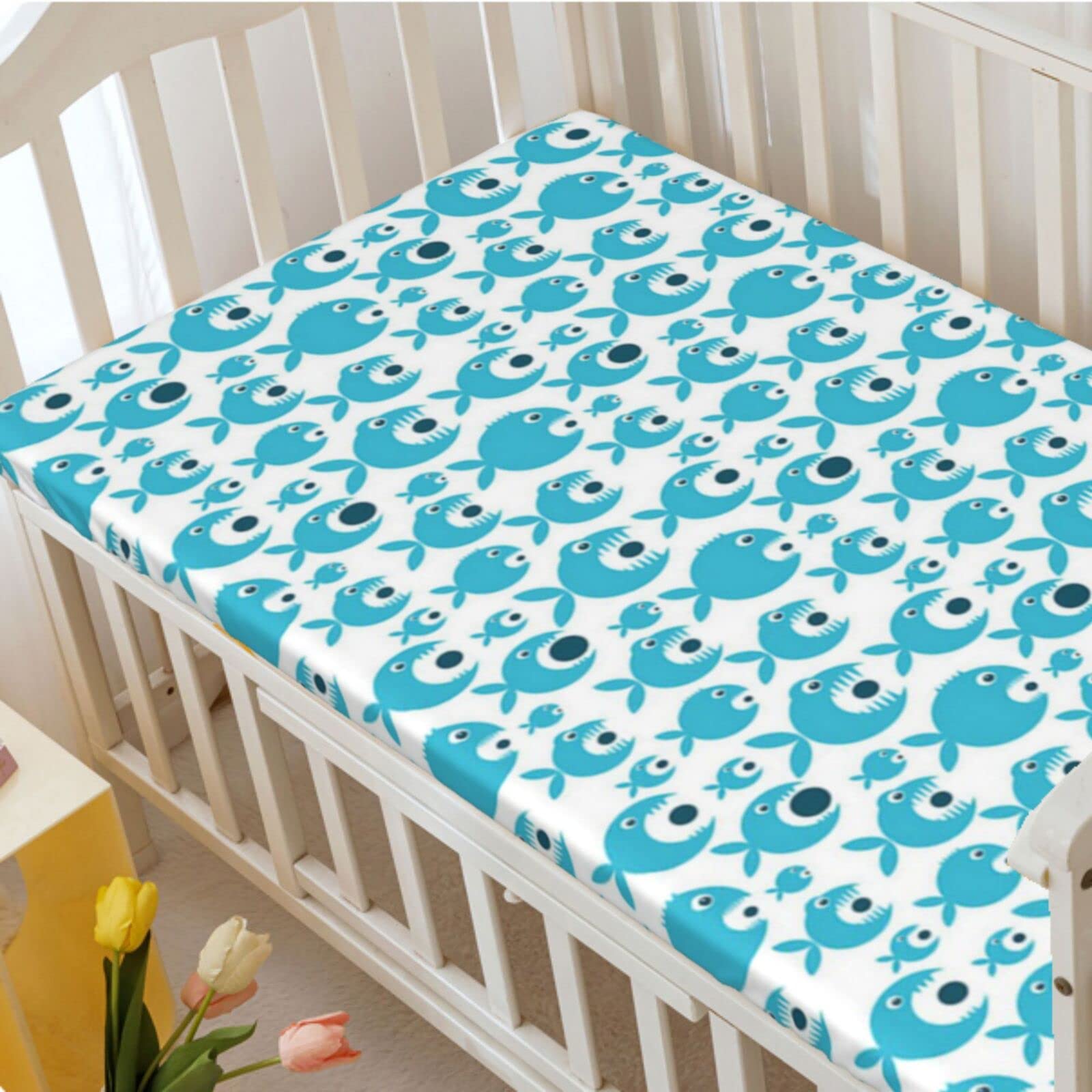 Shark Party Themed Fitted Crib Sheet,Standard Crib Mattress Fitted Sheet Soft and Breathable Bed Sheets-Baby Crib Sheets for Girl or Boy,28β x52β,Sky Blue Dark Teal