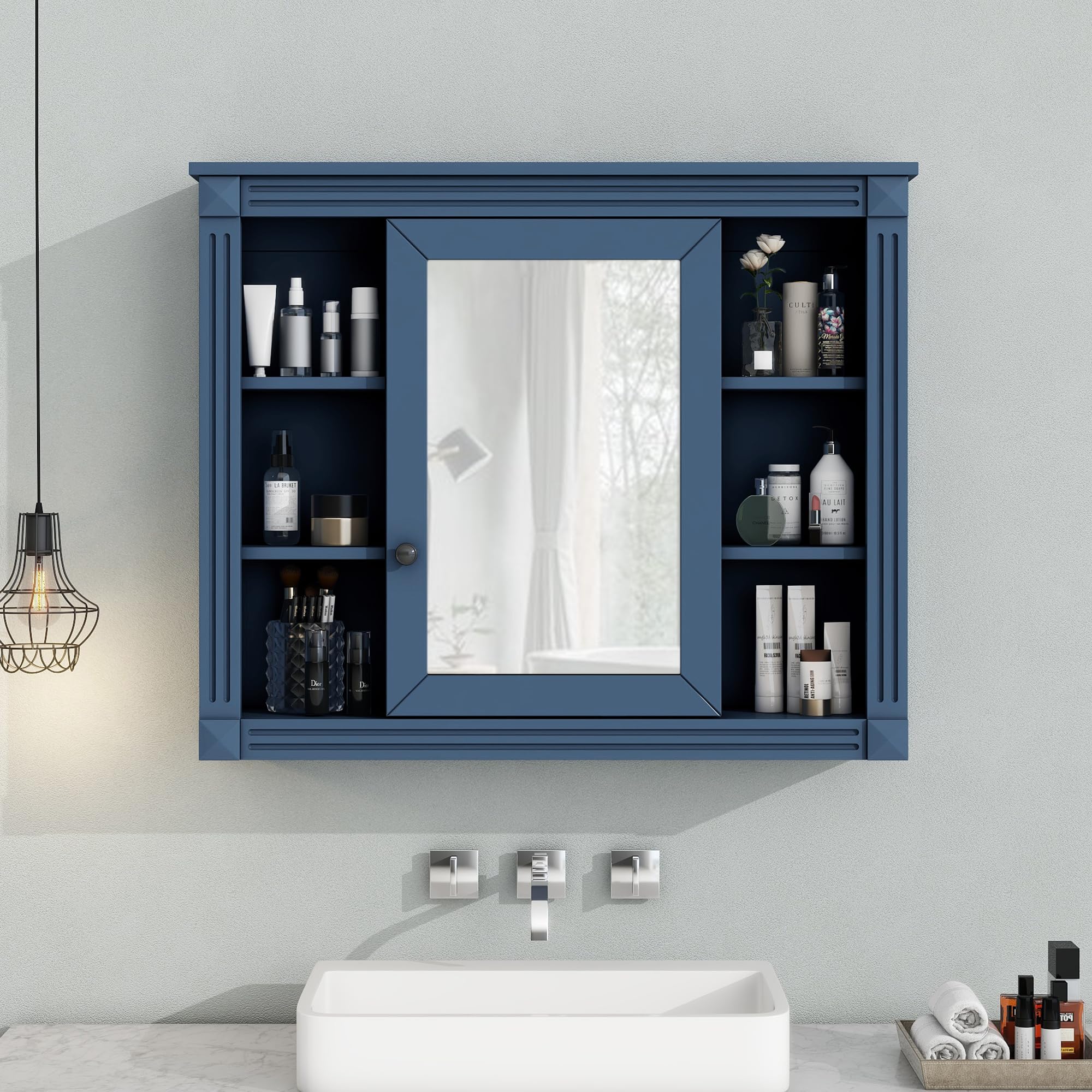 Yozma 35" x 28" Wall Mounted Bathroom Storage Cabinet, Modern Bathroom Wooden Wall Cabinet with Mirror, Mirror Organizer Cabinet with 6 Open Shelves (No Bathroom Vanity), White