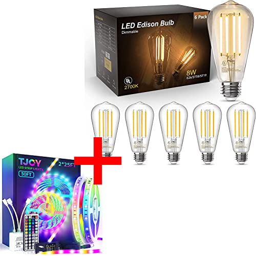 TJOY 6pack Led Edison Light Bulbs+LED Strip Lights with 44 Key Remote 50 ft (44 Key Remote Control +25ft x2+Indoor only)