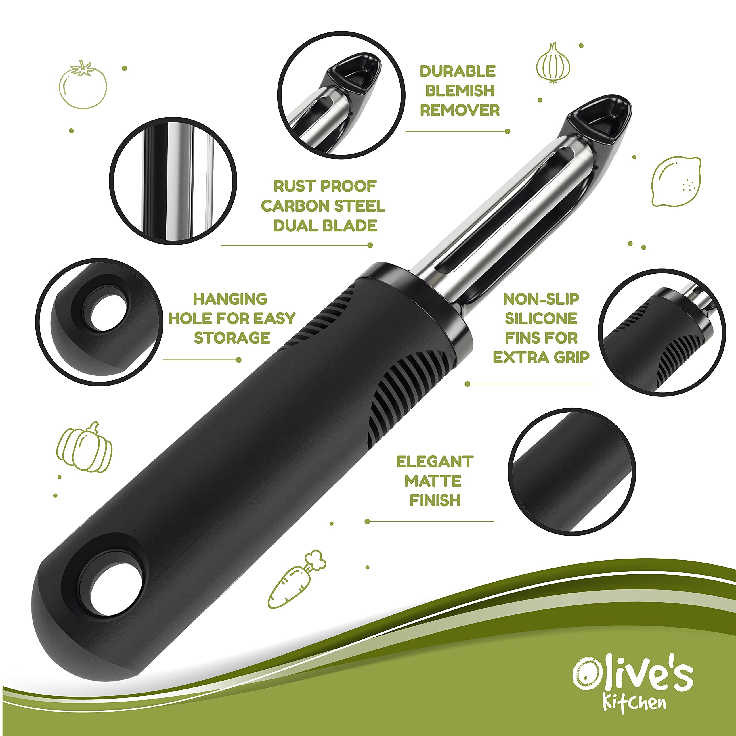 Olive's Kitchen Vegetable Peeler Set β Ergonomic Grip Peelers for Kitchen w/Razor-Sharp Swivel Blades - Stainless Steel Fruit Peeler for Potato, Apple, Carrot, Cucumber - Veggie Peeler (2 Pack)