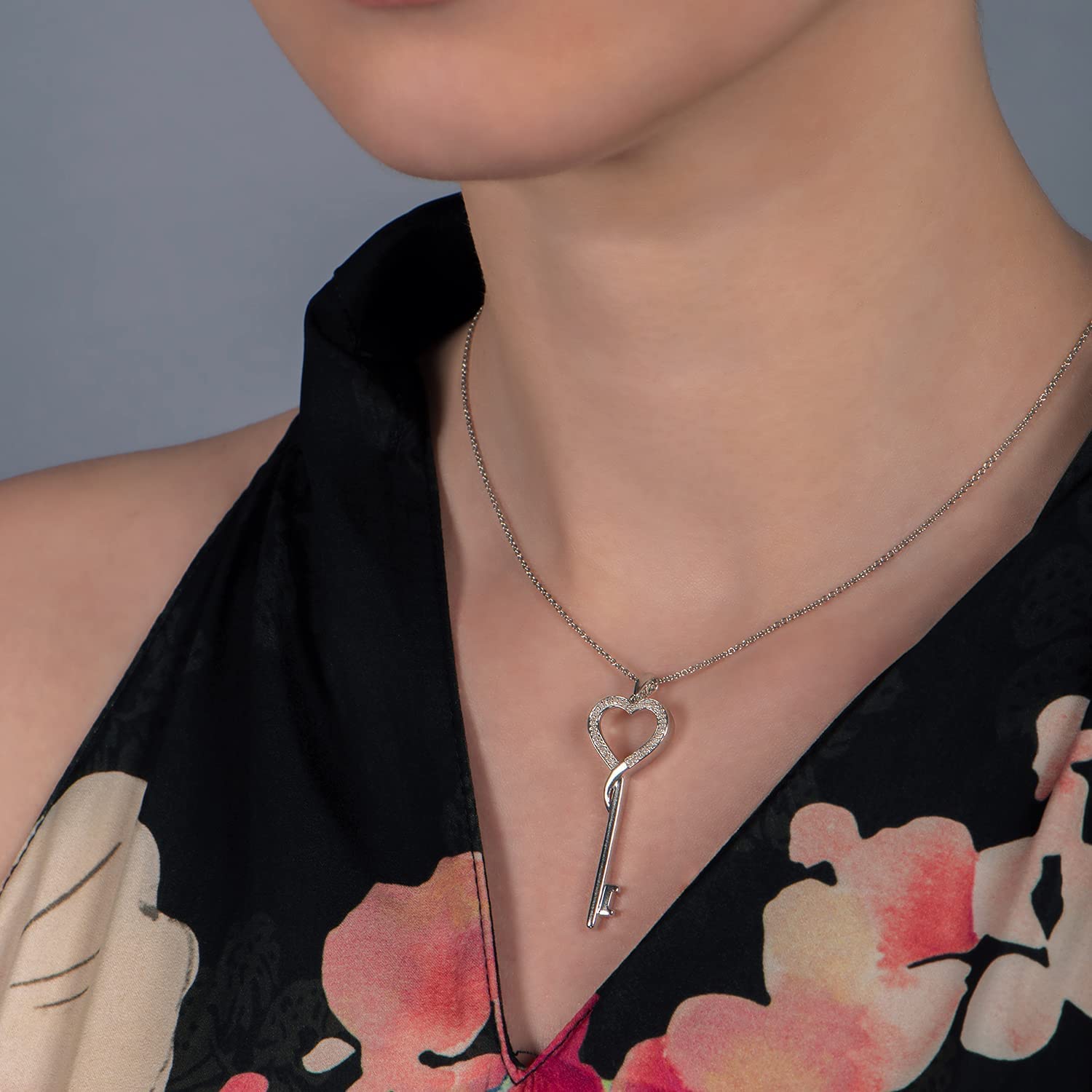 Jewelili Heart Key Necklace Pendant in Sterling Silver with Natural White Diamonds 1/10 CTTW and 18 inch Rolo Chain