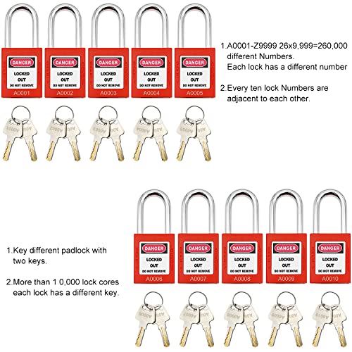 SAFBY 10 Keyed Different Lockout Tagout Lock - Loto Safe Padlocks for Lock Out Tag Out Stations and Devices (Red, Key Different)