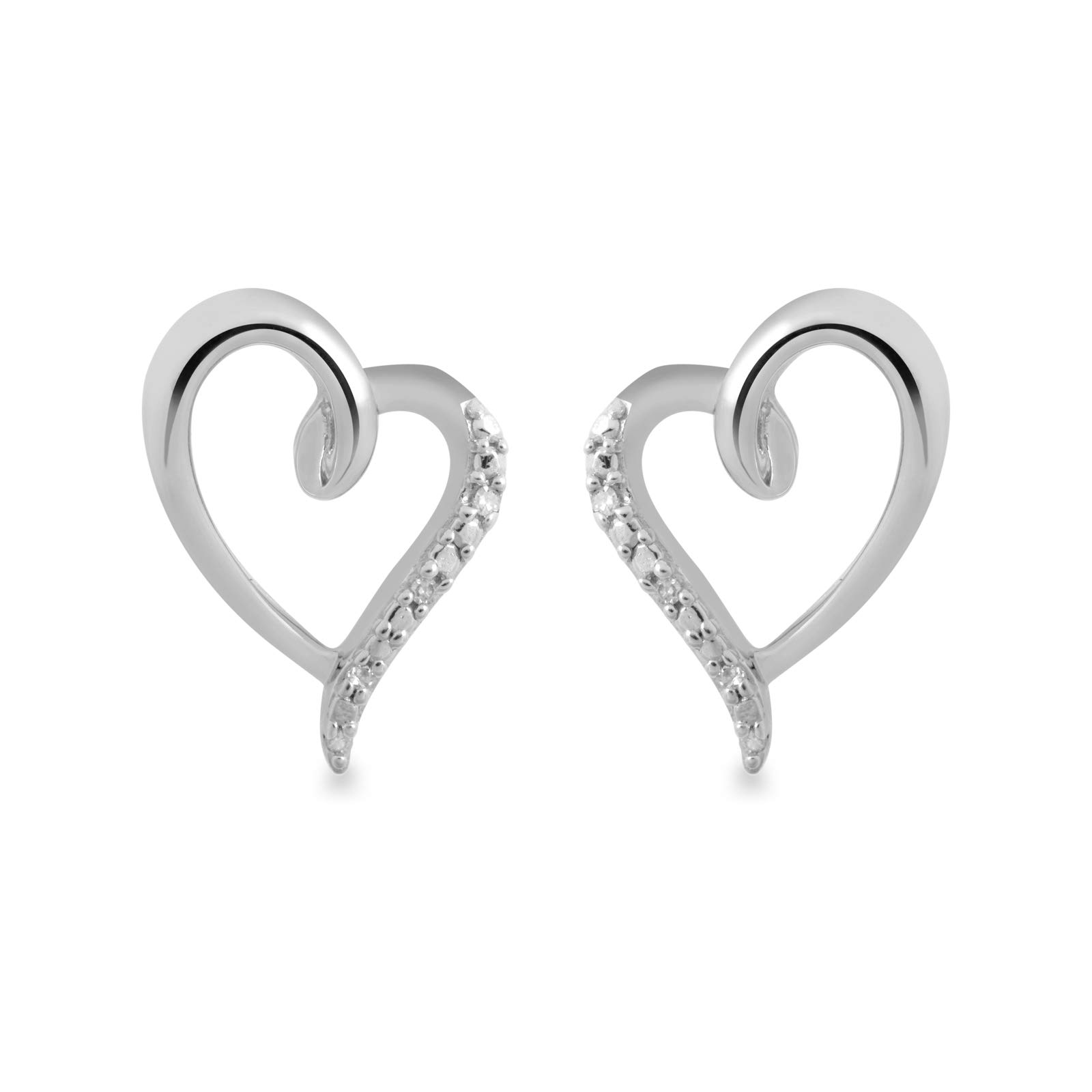 Jewelili Heart Diamond Stud Earrings in 10K White Gold, Minimalistic Dainty Earrings