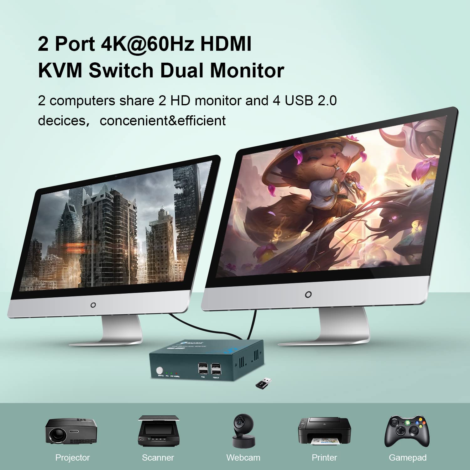 Steetek Dual Monitor KVM Switch HDMI 2 Port, KVM Switch 2 Monitors 2 Computers 4K@60Hz (YUV4:4:4), HDMI KVM Switch 2 in 2 Out, Button Switch and Hotkey Switch, with 4 HDMI and 2 USB Cable