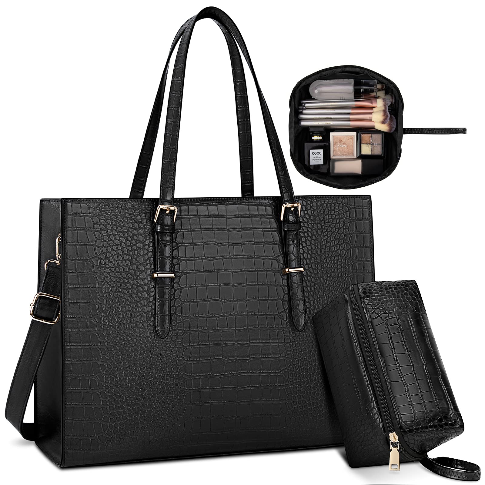 Laptop Bag for Women 15.6 inch Laptop Tote Bag Leather Classy Computer Briefcase for Work Waterproof Handbag Professional Shoulder Bag Women Business Office Bag Purse 2pcs Set (Dark Black)