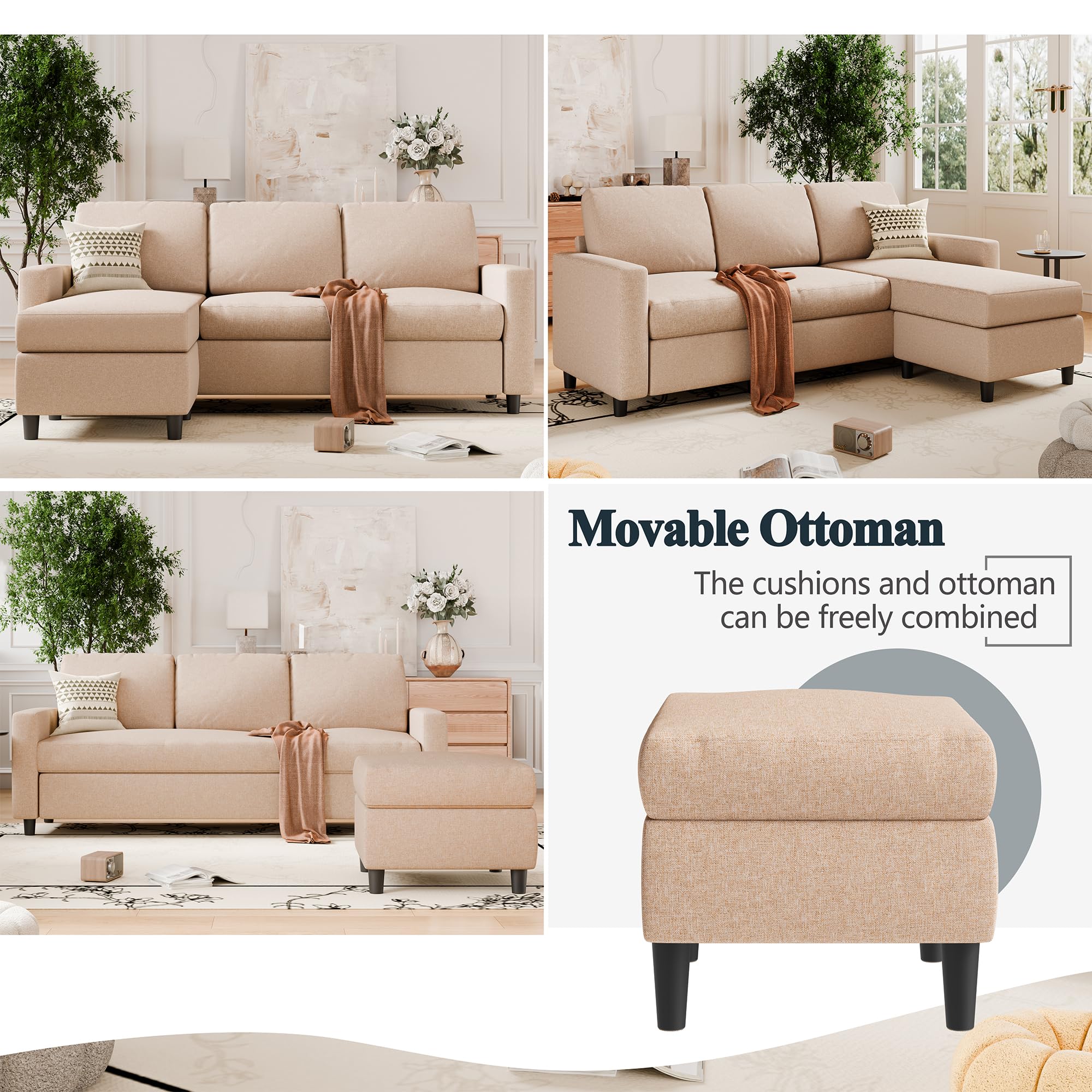 SUNLEI L-Shaped Couch Sofa for Living Room, Convertible Sectional Sofa with Reversible Chaise Modern Linen Fabric, Sectional Sofa Couch for Small Space(Beige